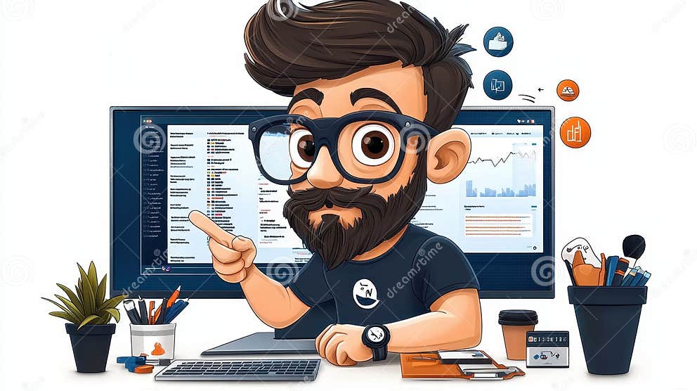 Cartoon Character Working on a Computer with Graphs and Data Analysis ...