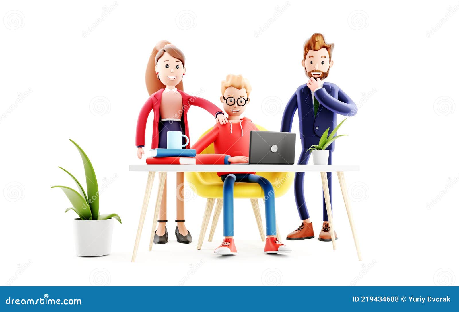 Cartoon Character Working on the Laptop with Team. Concept of Teamwork ...