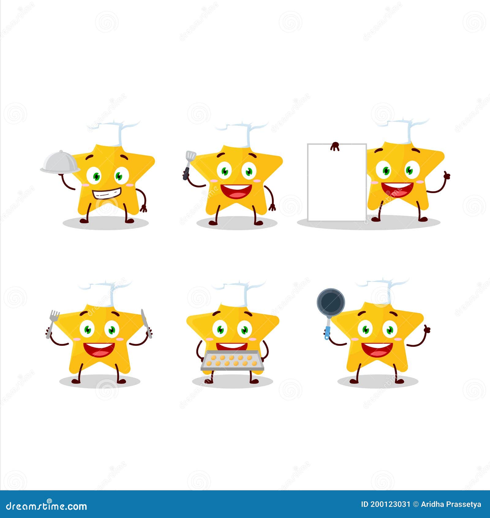 Cartoon Character of Yellow Star with Various Chef Emoticons Stock ...