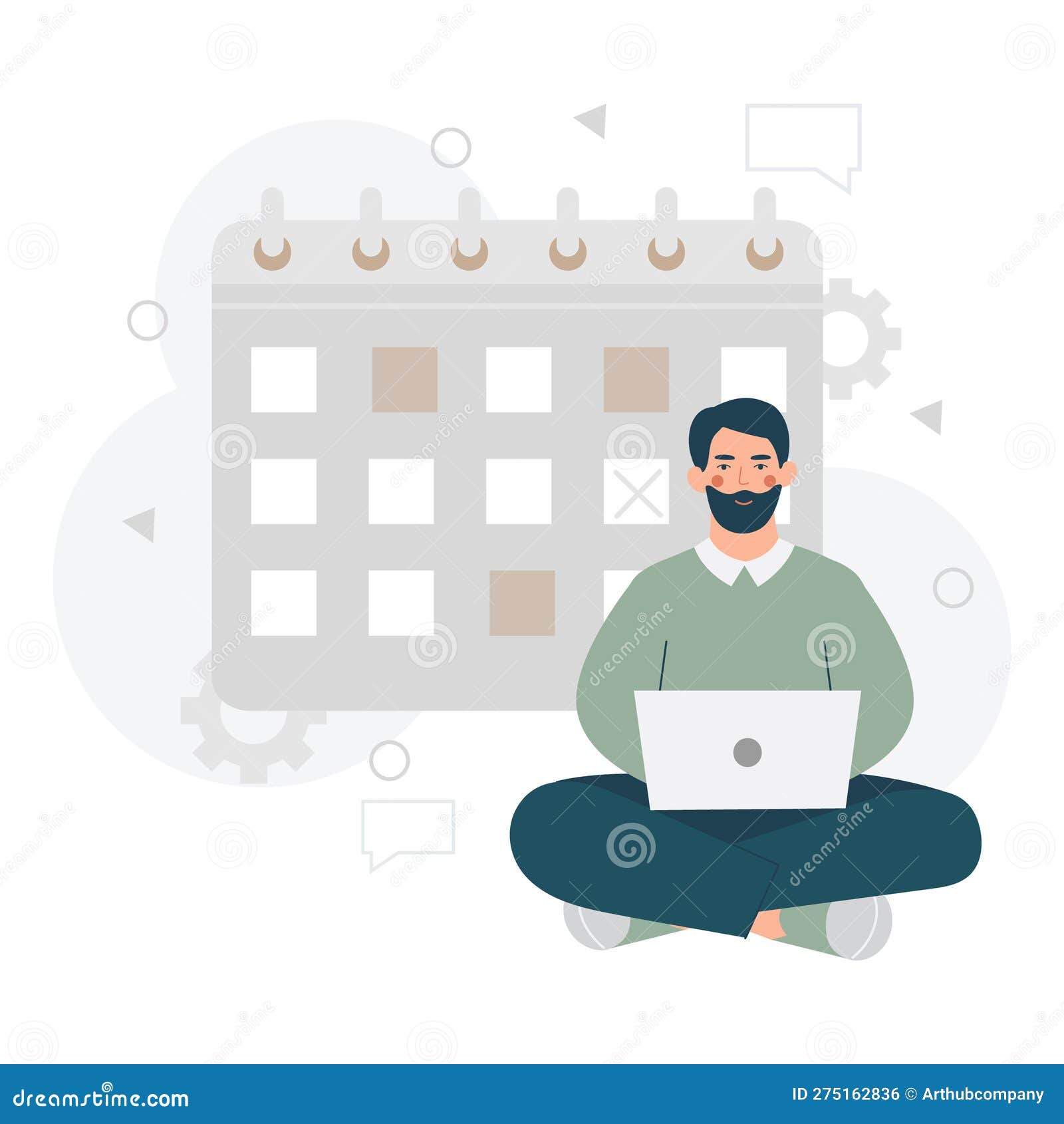 Cartoon Character of Young Man Working on Laptop and Managing His Time ...