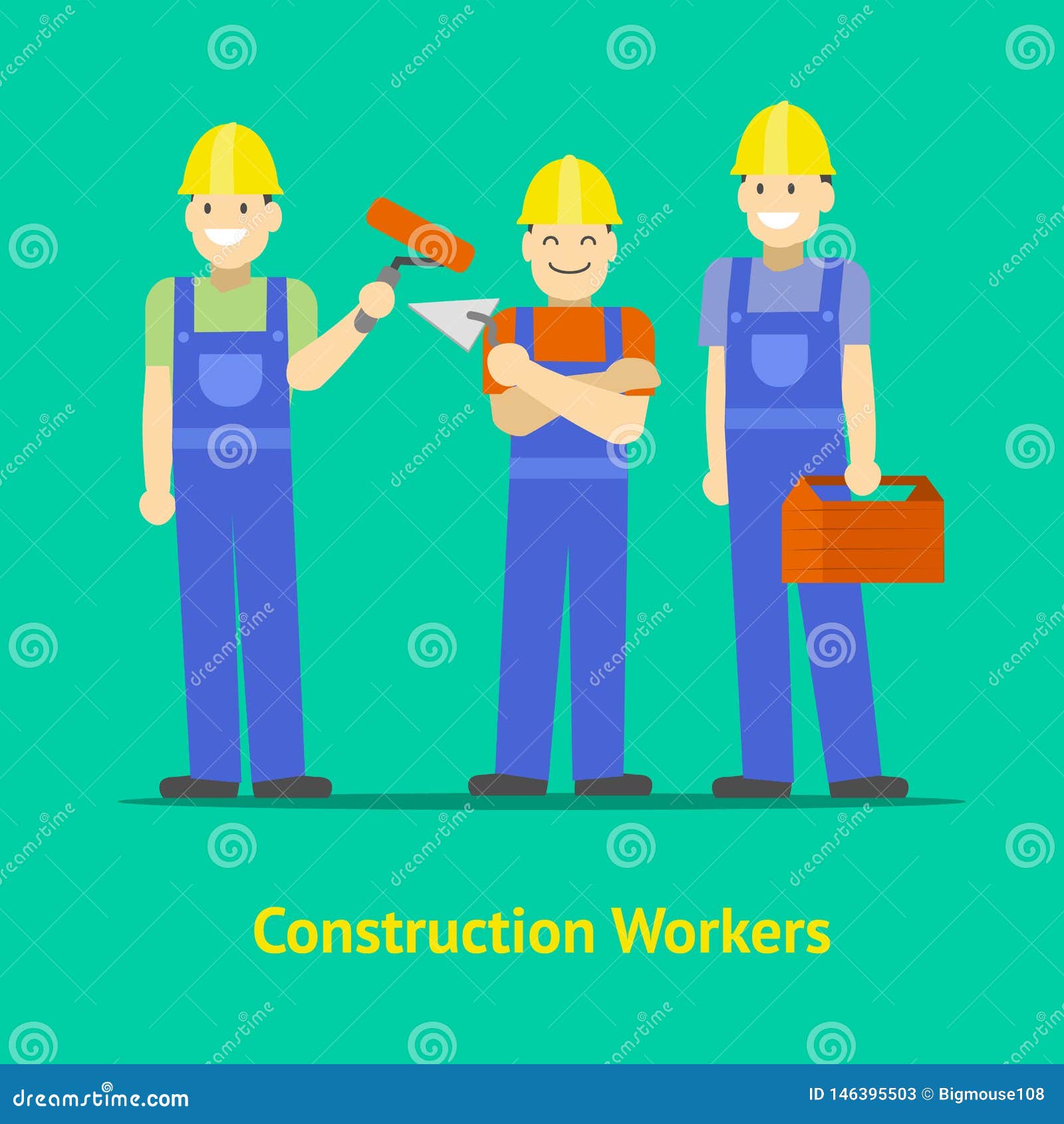 Cartoon Characters Construction Worker Group Card. Vector Stock Vector ...