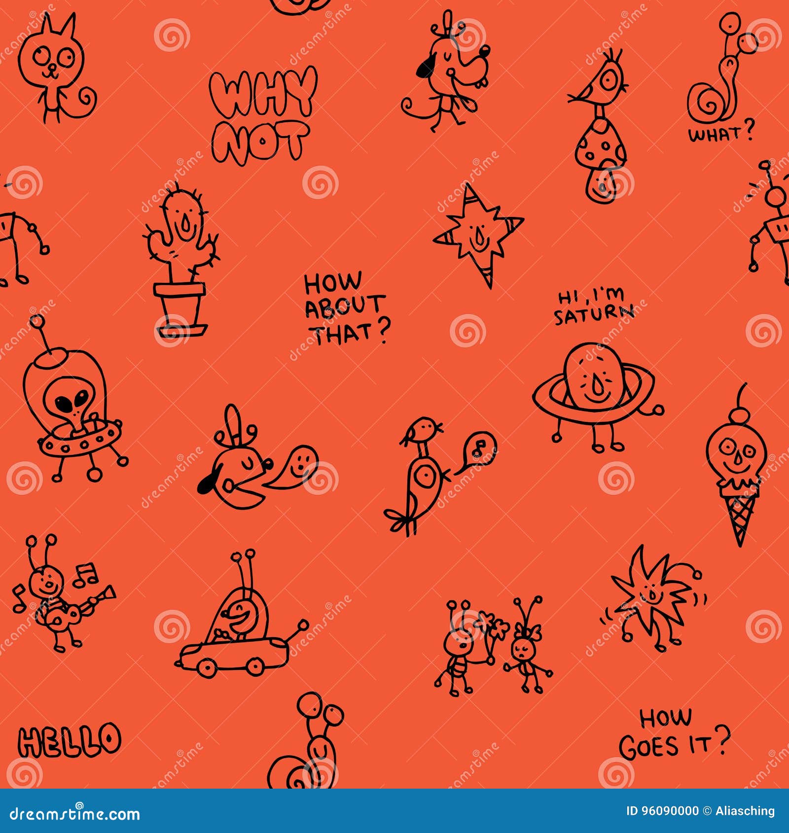 Cartoon Characters Doodle Seamless Pattern Stock Vector - Illustration ...