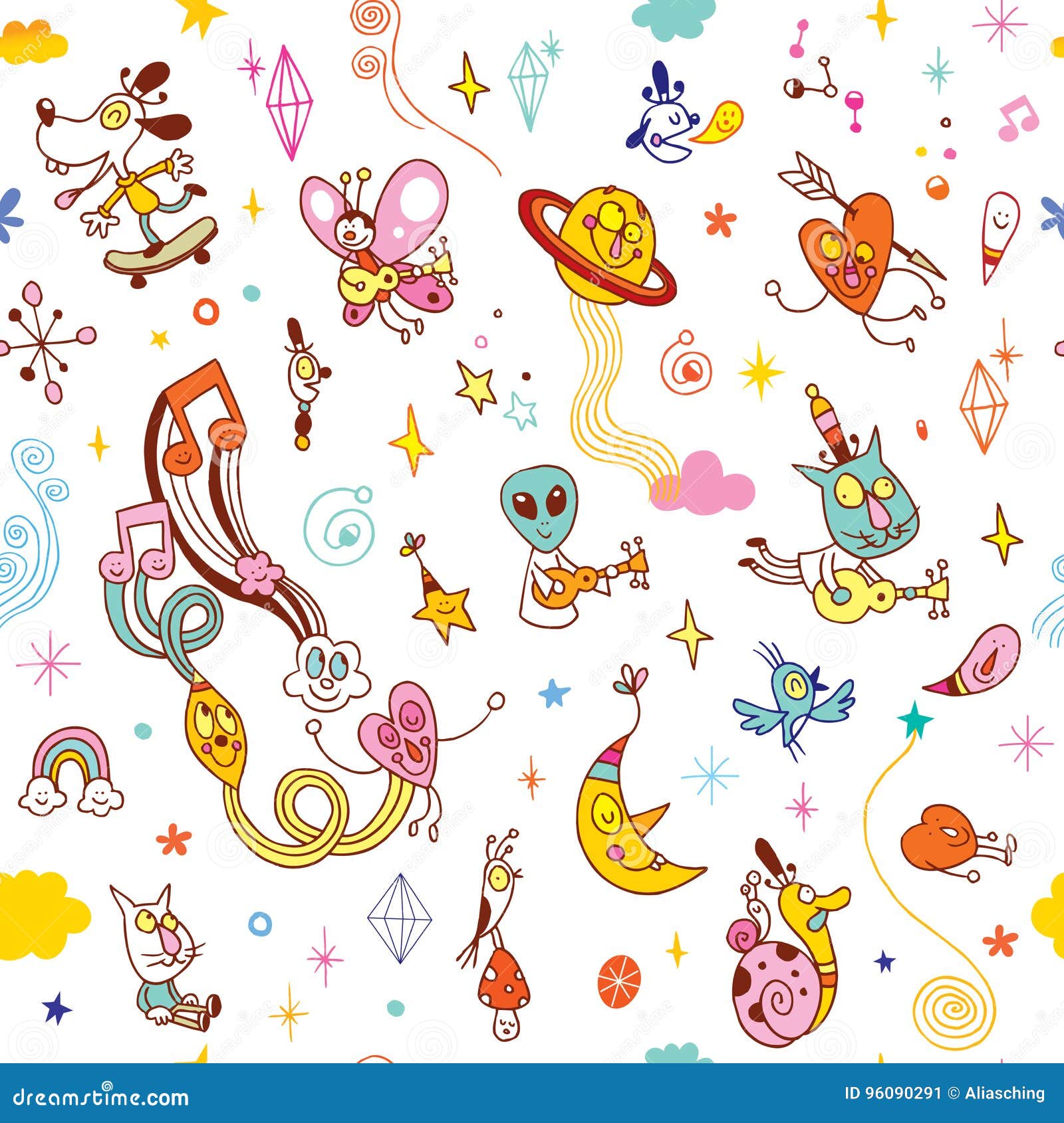 Cartoon Characters Fun Seamless Pattern Stock Vector - Illustration of ...