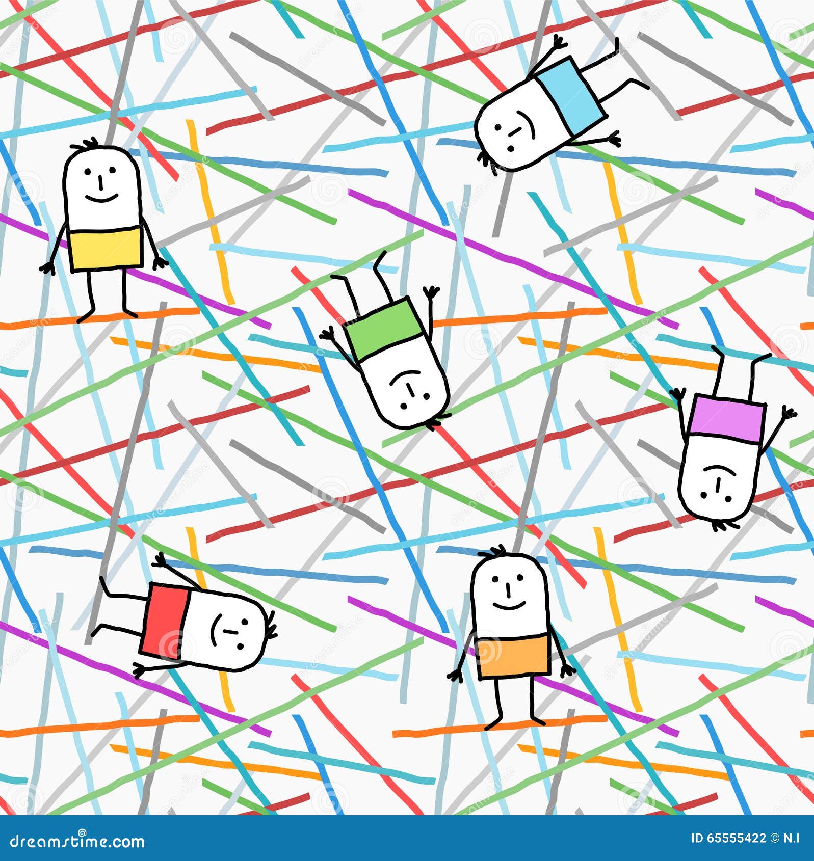 Cartoon Characters on Graphic Lines and Colors Seamless Pattern Stock ...