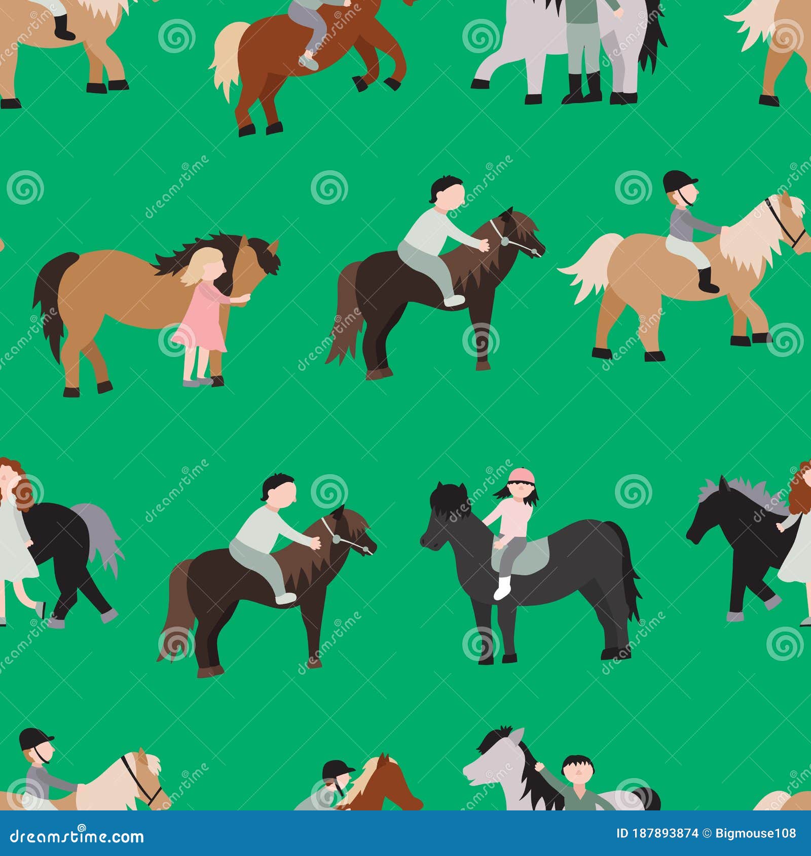 Cartoon Characters Kids Riding Ponies Seamless Pattern Background ...