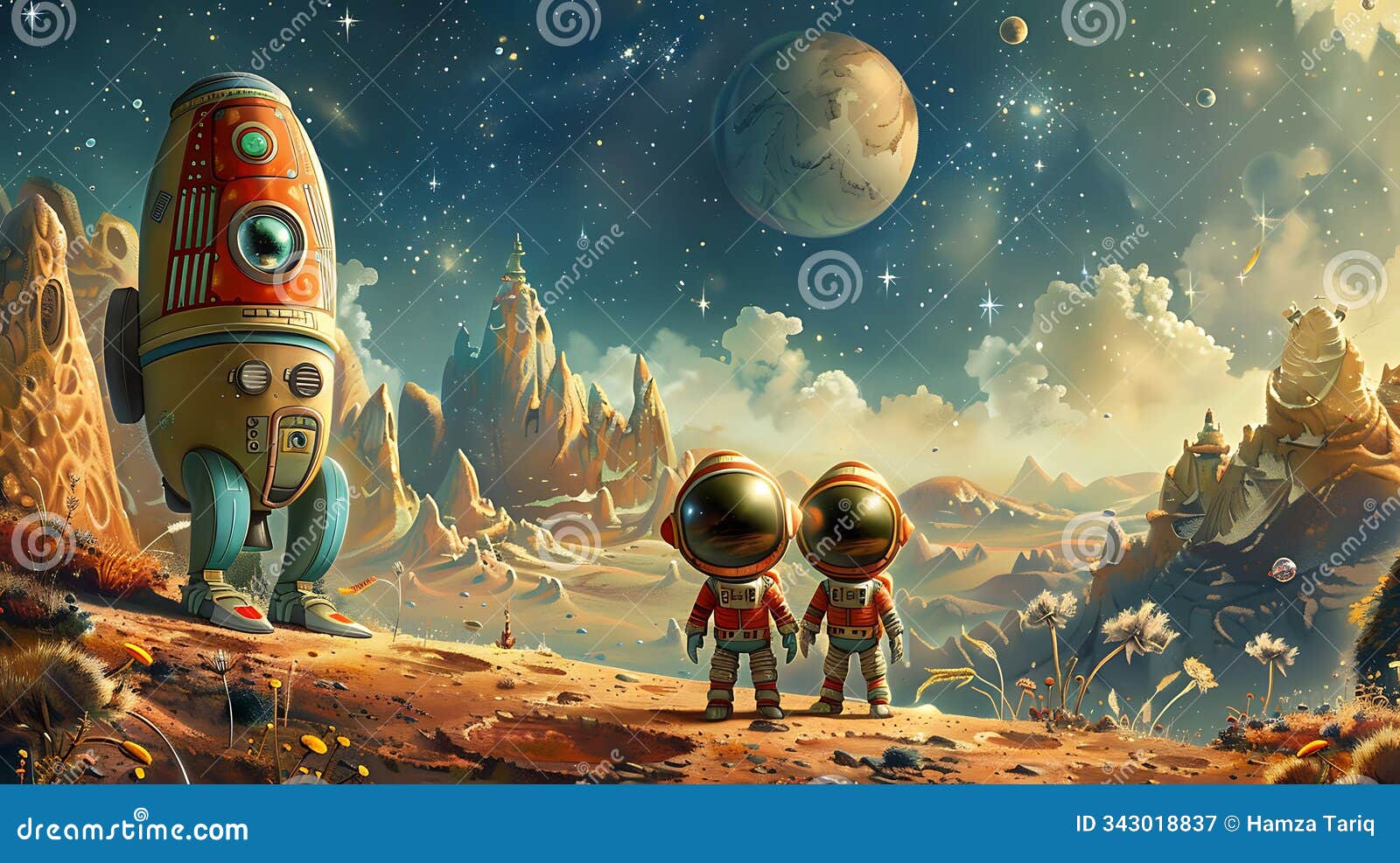 Cartoon Characters in a Space Expedition Stock Illustration ...