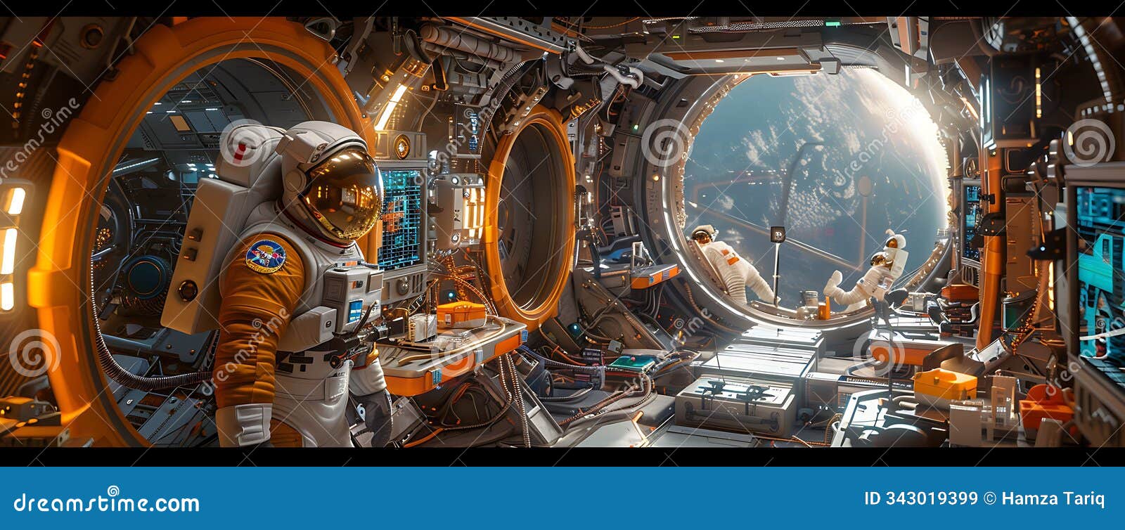 Cartoon Characters in a Space Station Exploration Stock Illustration - Illustration of jumpart ...