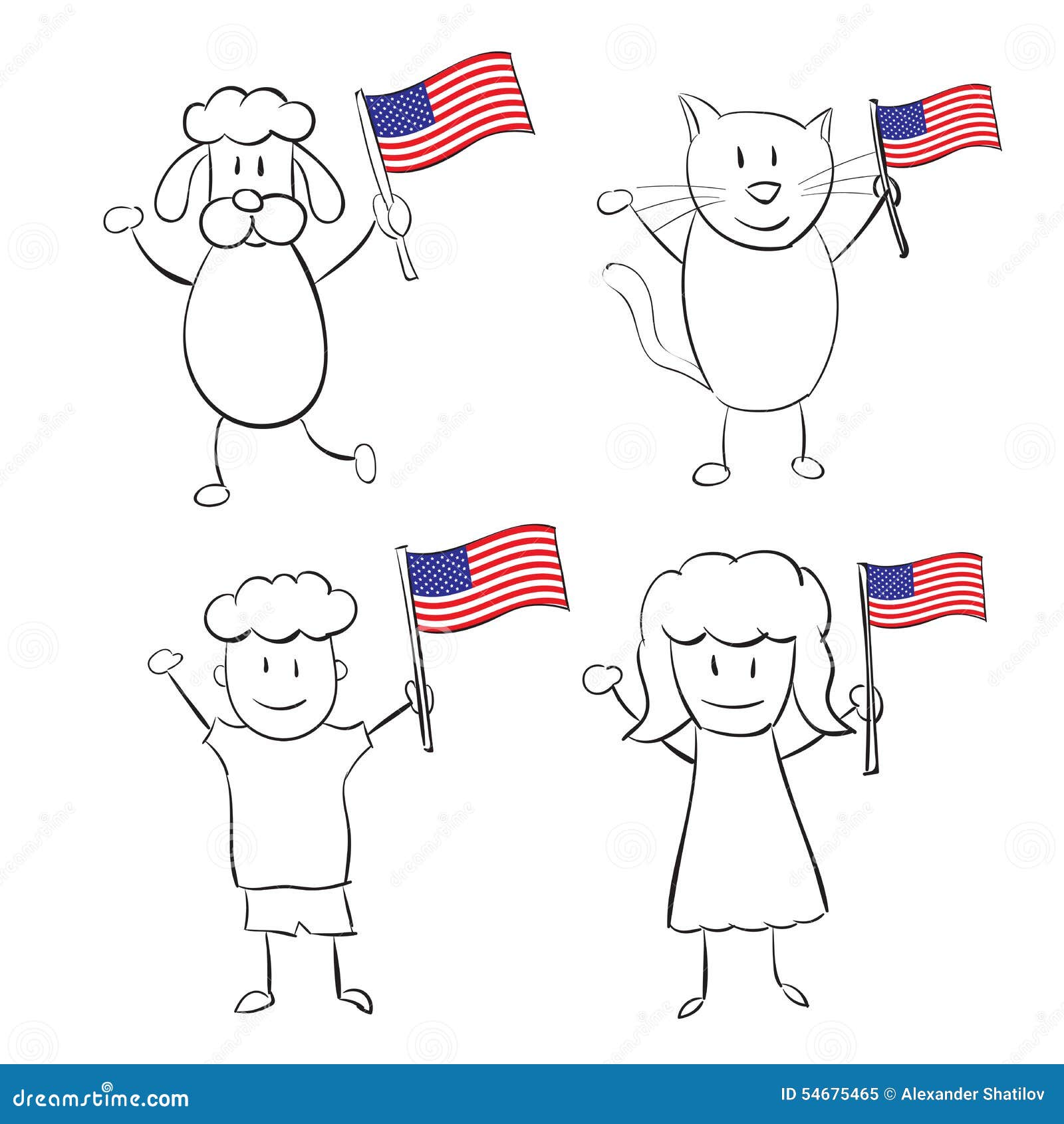 Cartoon Characters with US Flag Stock Vector - Illustration of honor ...