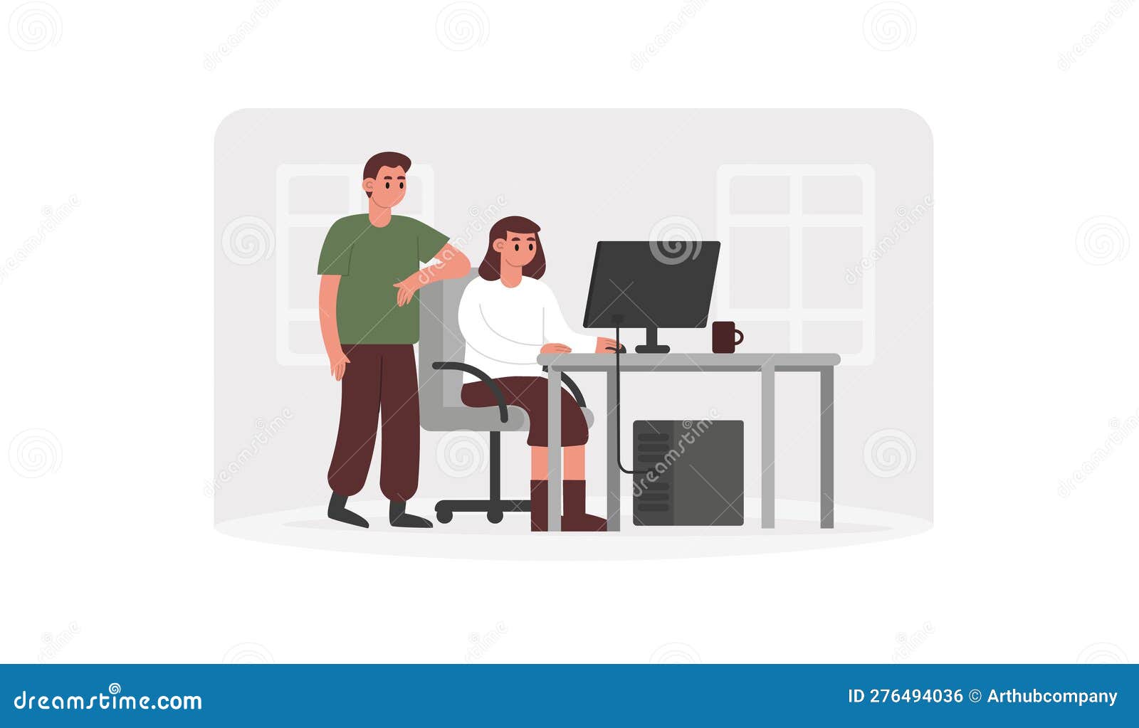 Cartoon Characters of Young People Working on Computer Together Stock ...