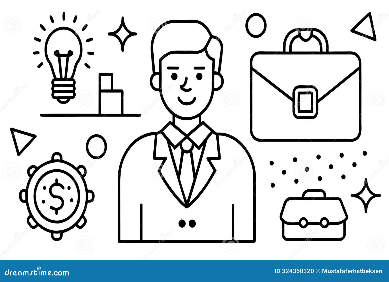 Cartoon of a Cheerful Businessman with Work-themed Doodles Stock Vector ...