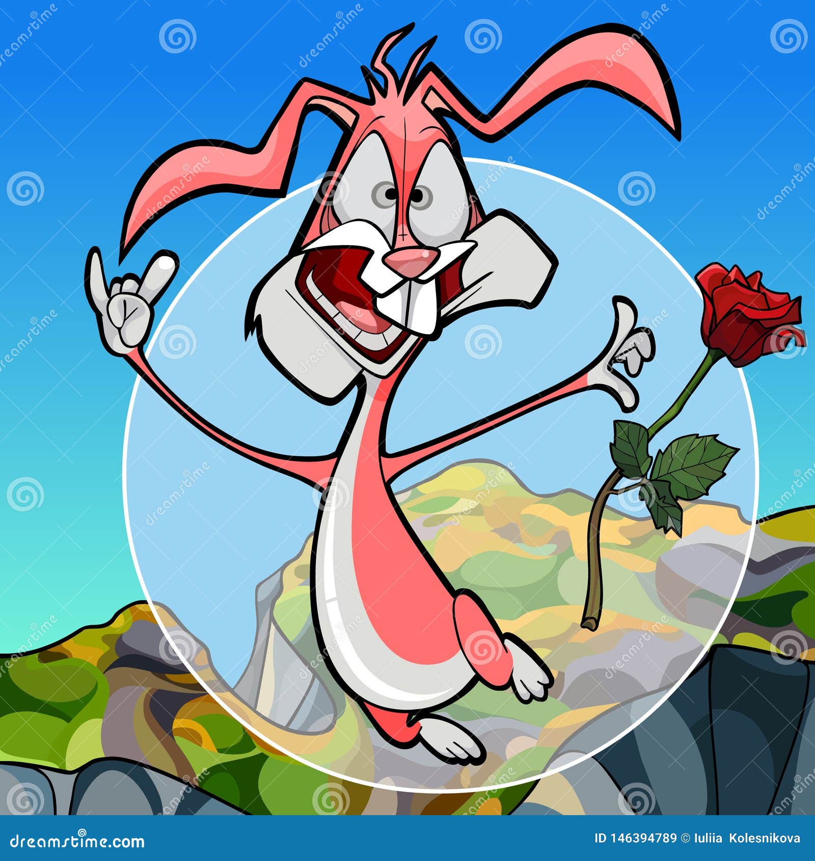 Cartoon Cheerful Pink Hare Jumps with a Rose Stock Vector ...