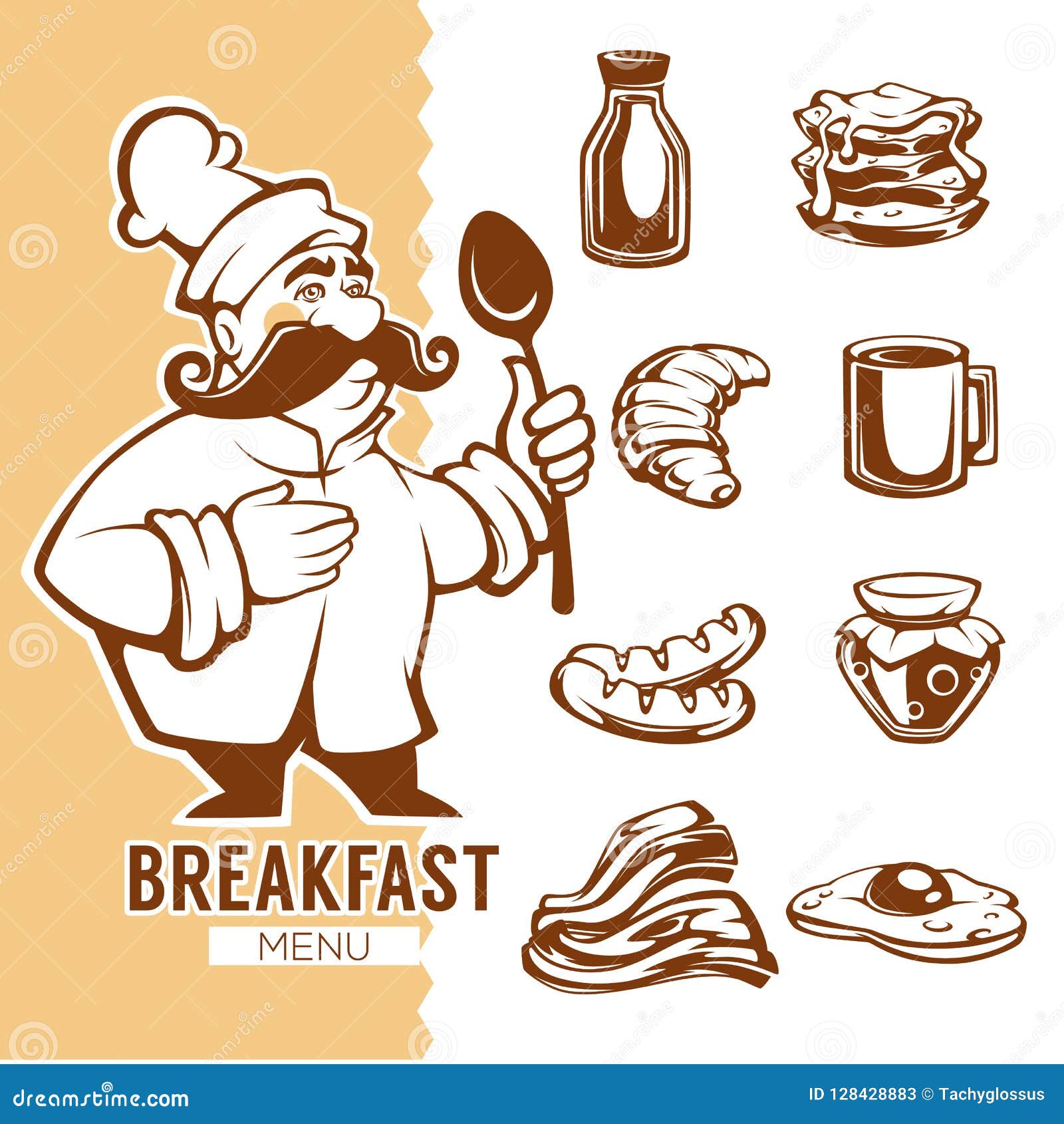 Cartoon Chef and Breakfast Food Menu, Linear Objects Collection Stock ...