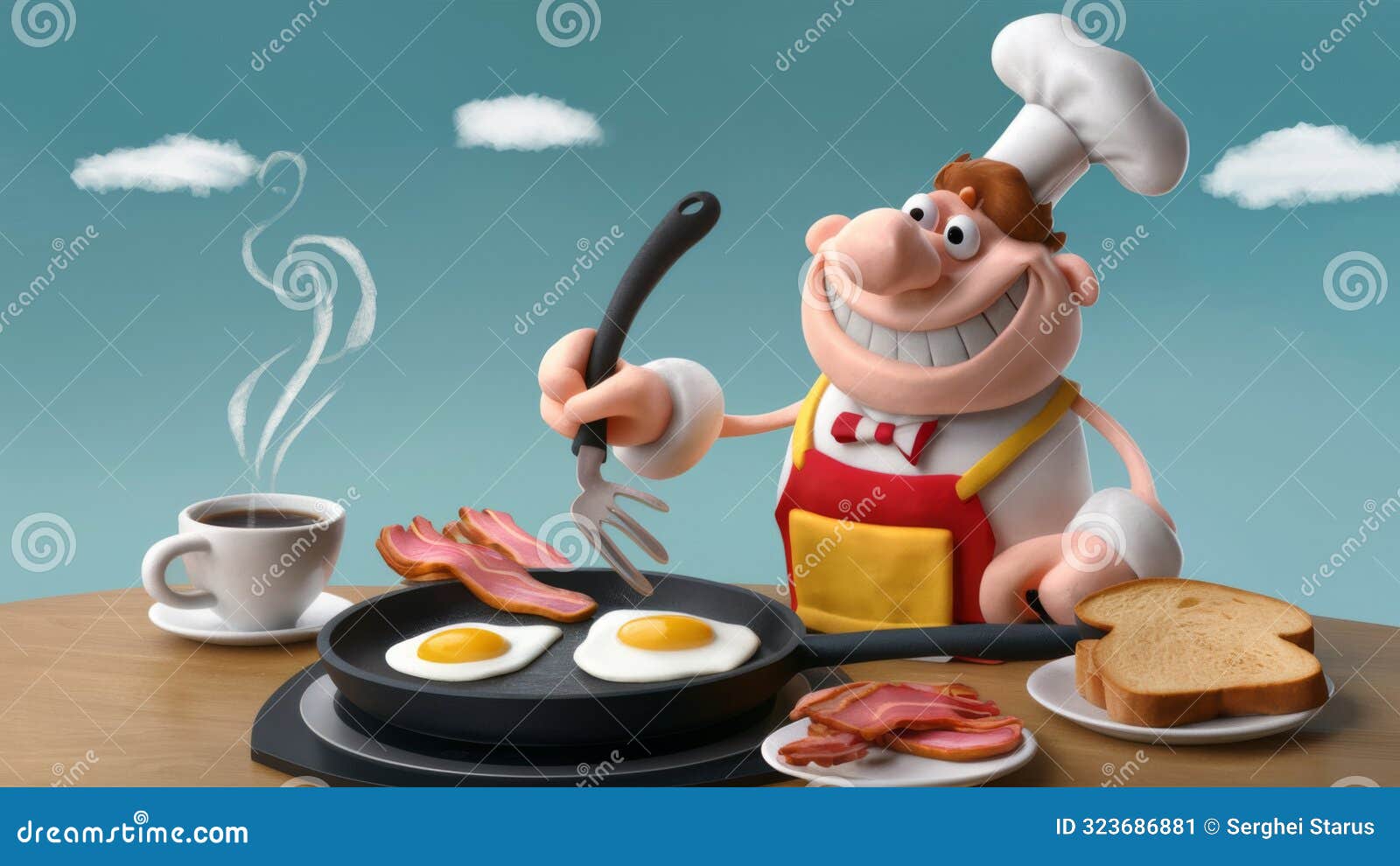A Cartoon Chef Cooking Breakfast with a Frying Pan and Eggs, AI Stock ...
