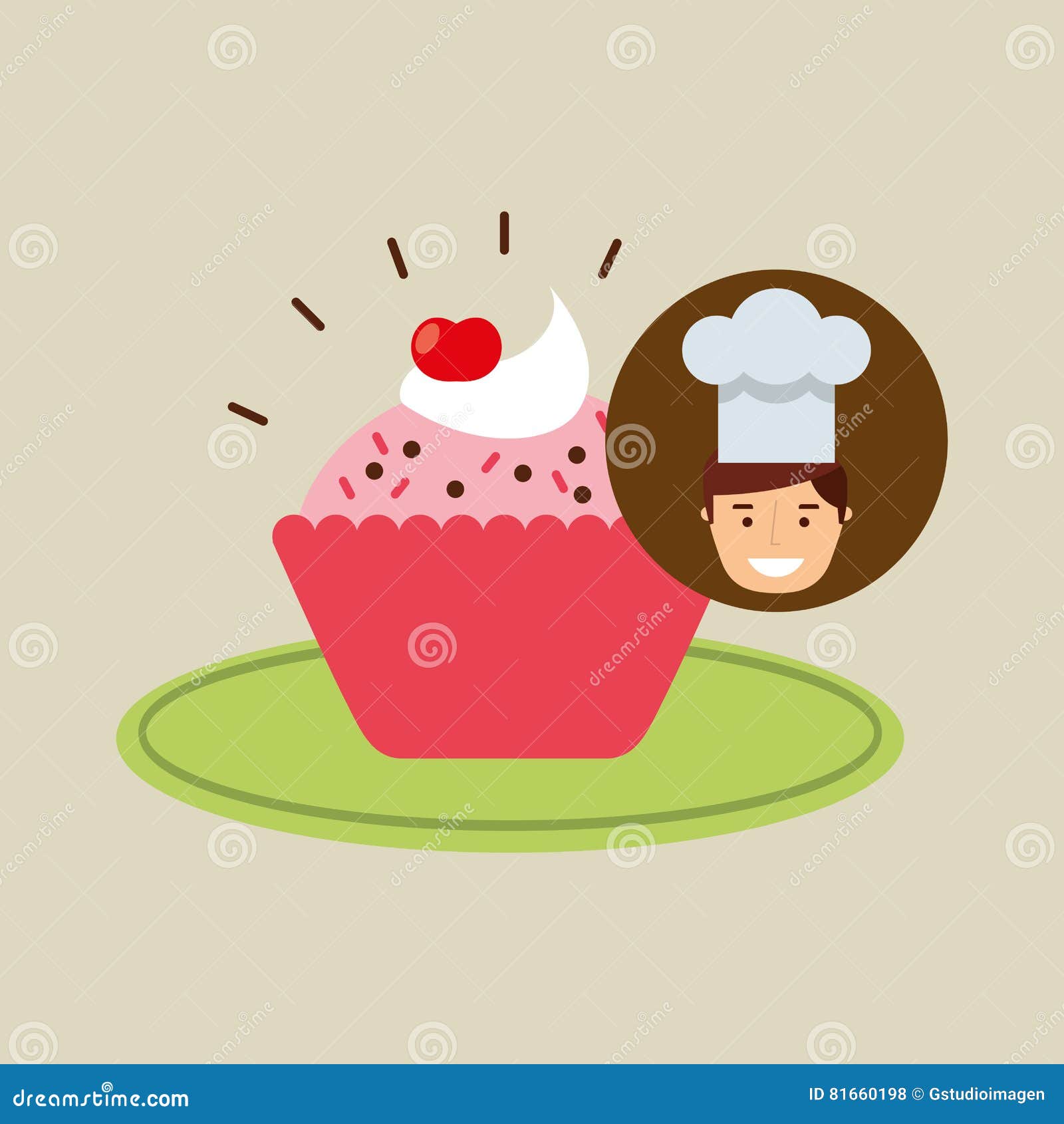 Cartoon Chef Dessert Cupcake Cherry Chips Stock Vector - Illustration ...