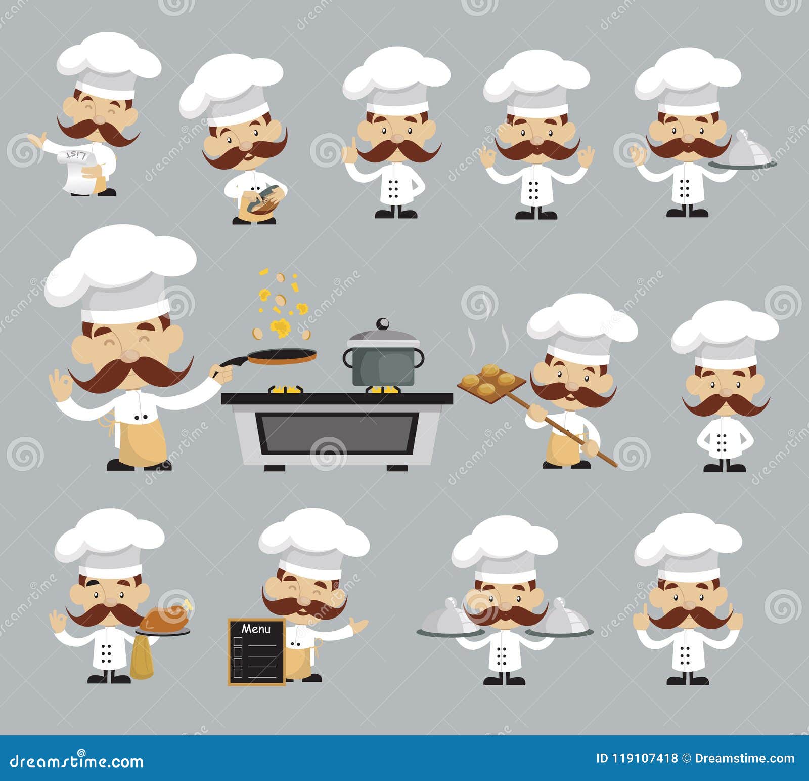 Cartoon Chef Different Poses and Actions Flat Vector Illustration ...