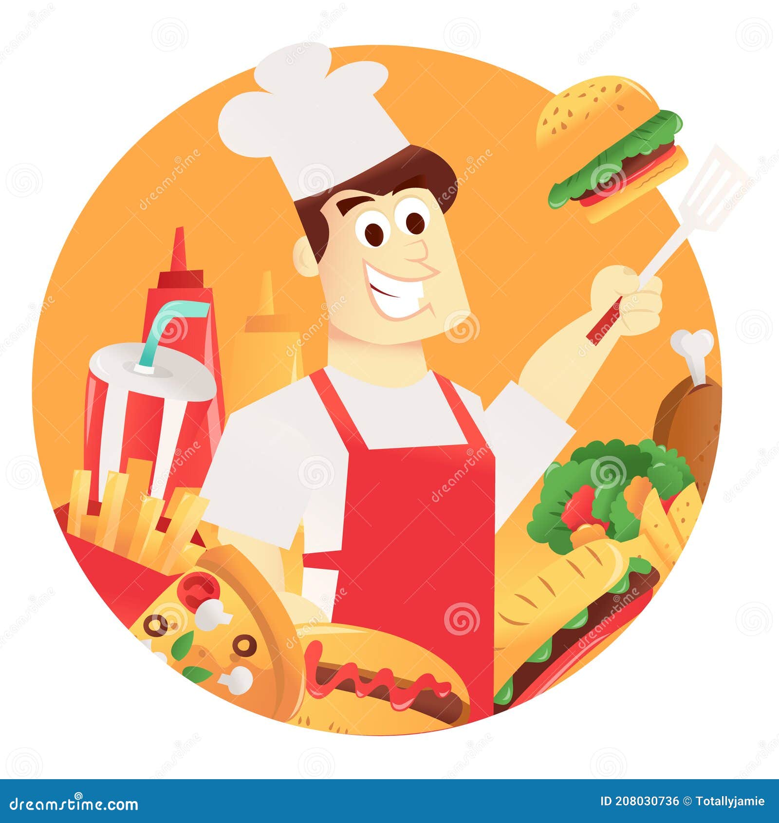 Cartoon Chef Fast Food Round Frame Stock Illustration - Illustration of ...
