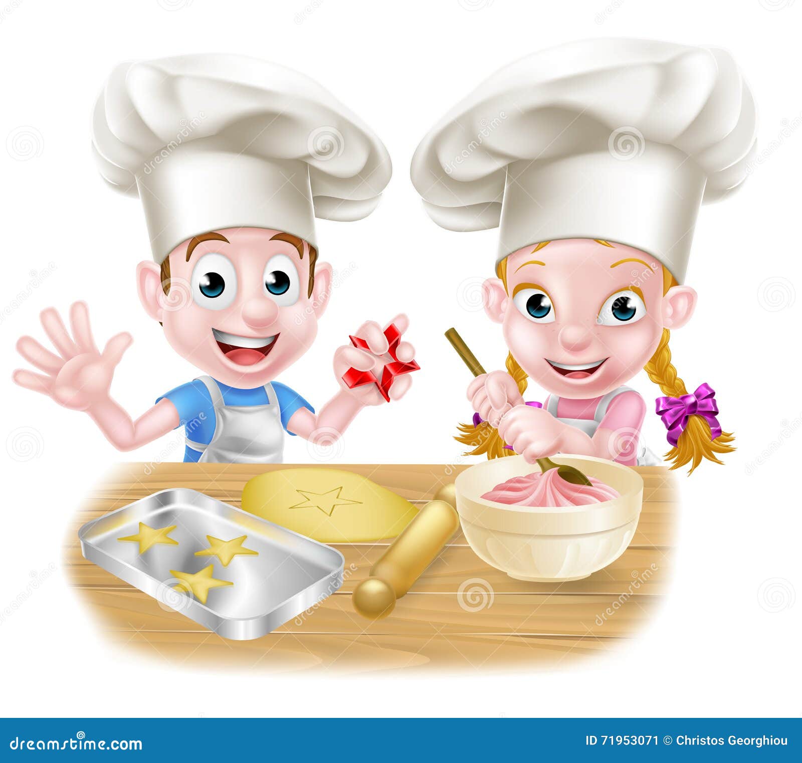 Chef Kids. Little Smiling Boy And Girl Kitchen Workers With Dishes And ...