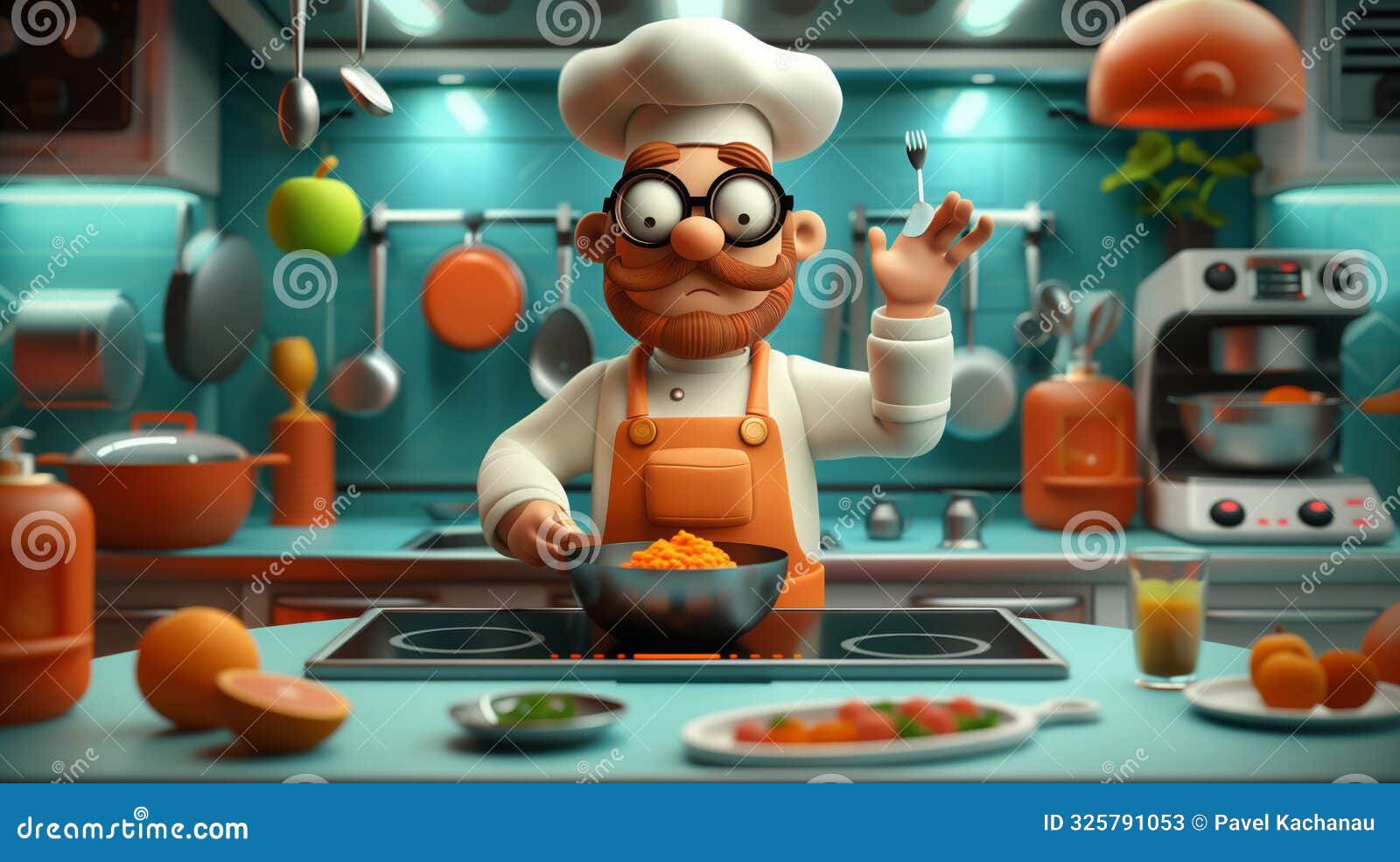 A Cartoon Chef Prepares Food in a Spaceship Kitchen, Floating in Zero ...