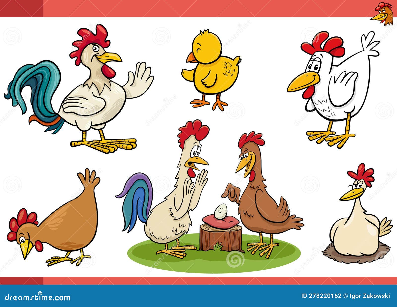 Cartoon Chickens Farm Birds Comic Characters Set Vector Illustration ...