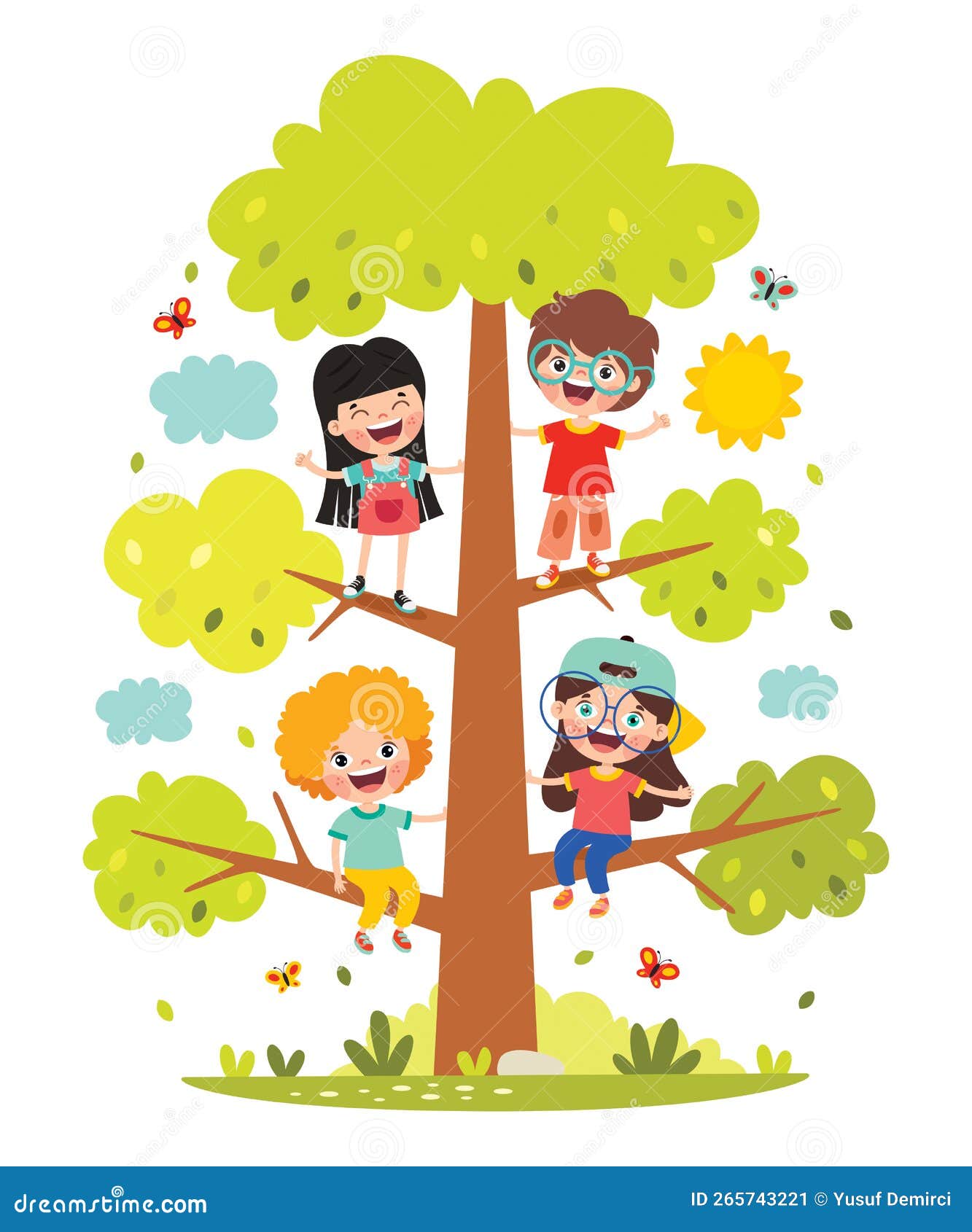 Cartoon Children Playing at Tree Stock Illustration - Illustration of ...