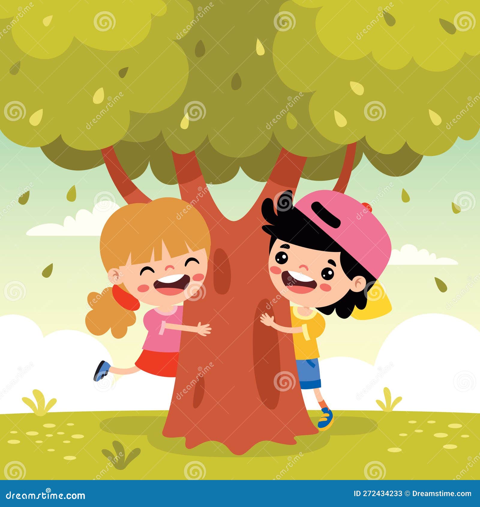 Cartoon Children Playing Under Tree Stock Illustration - Illustration ...