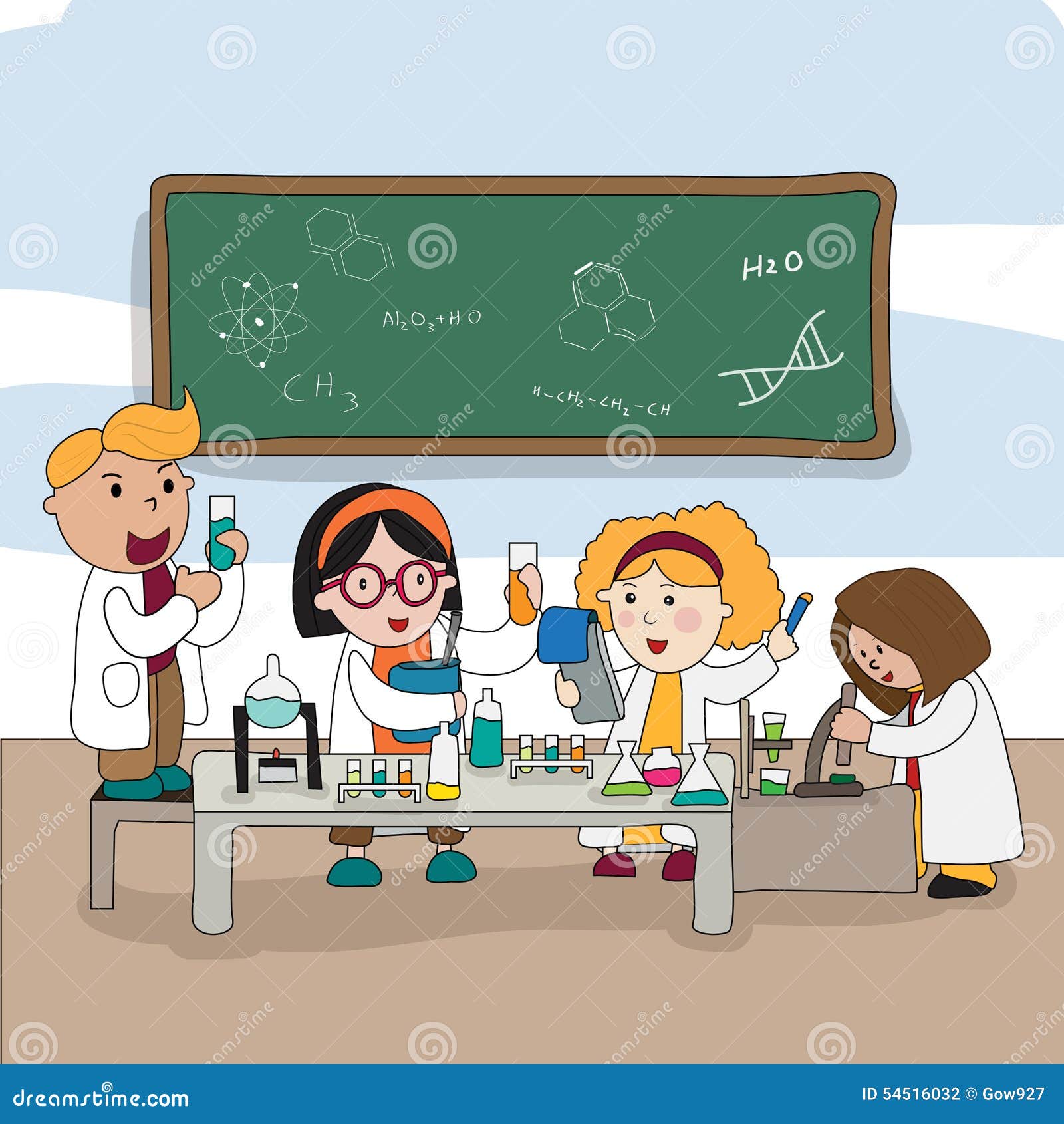 Cartoon Children are Studying and Working in the Laboratory, Create by ...