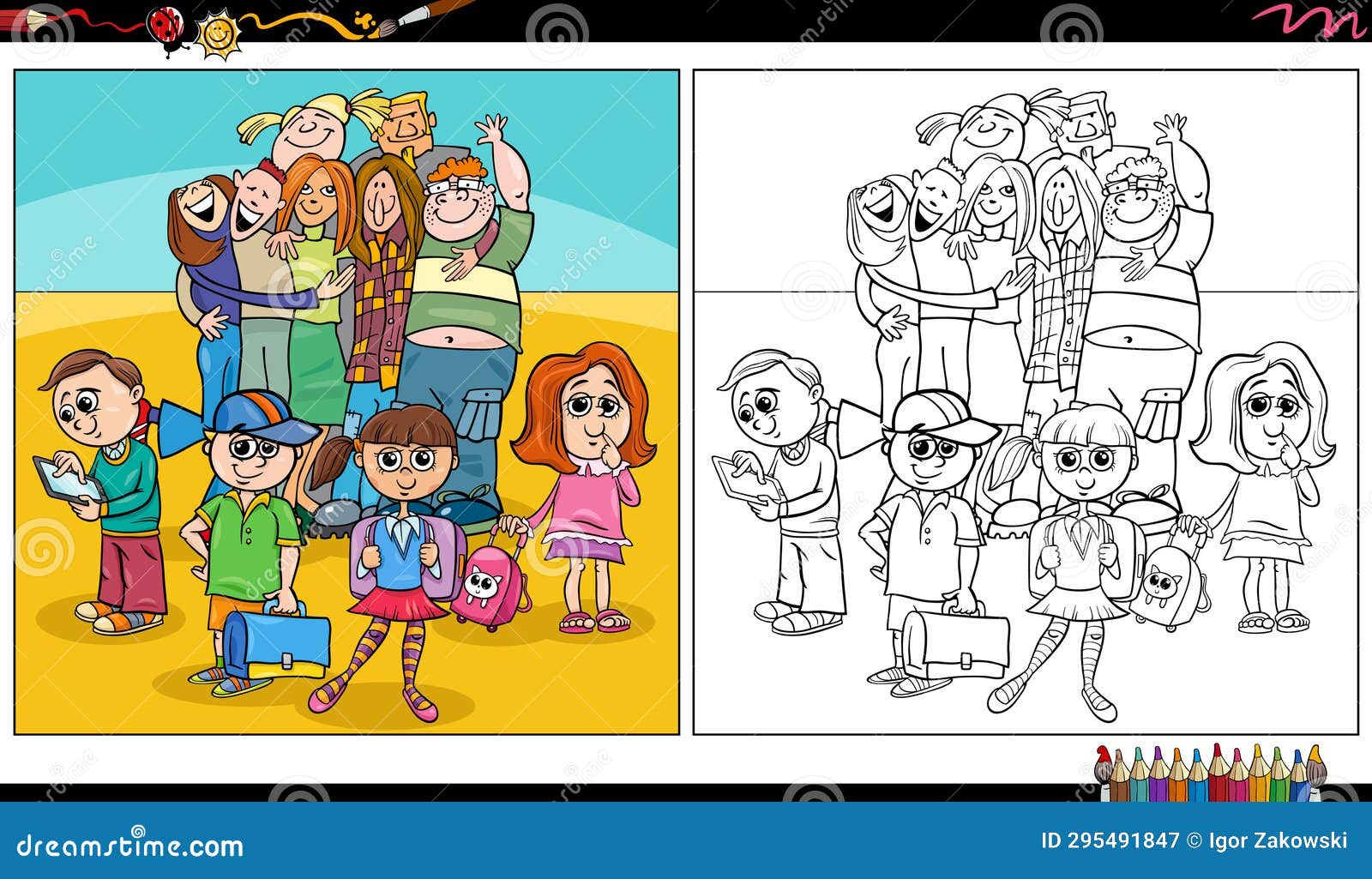 Cartoon Children and Teens Characters Group Coloring Page Stock Vector ...