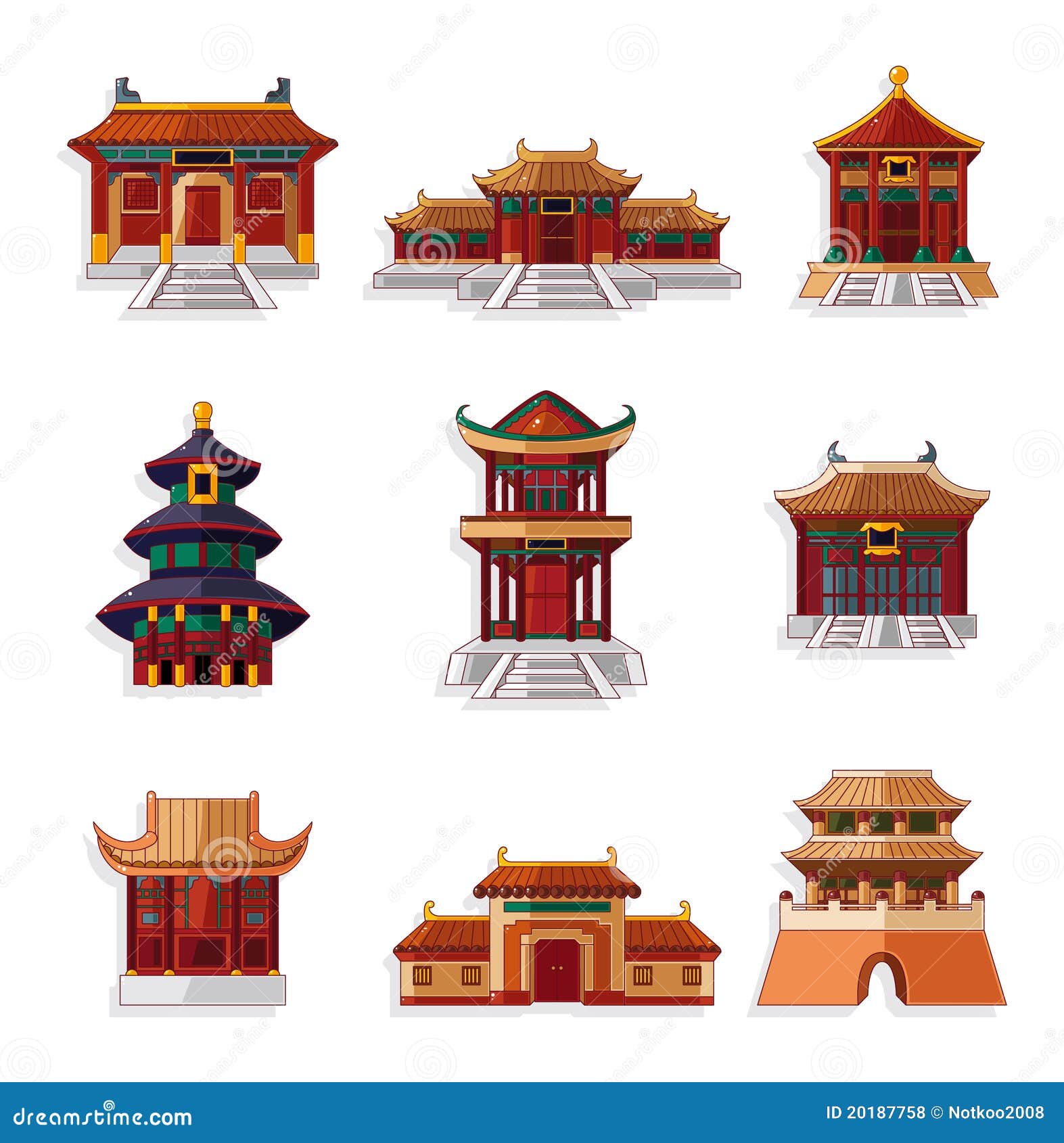 Cartoon Chinese House Icon Set Stock Vector - Illustration of eastern ...