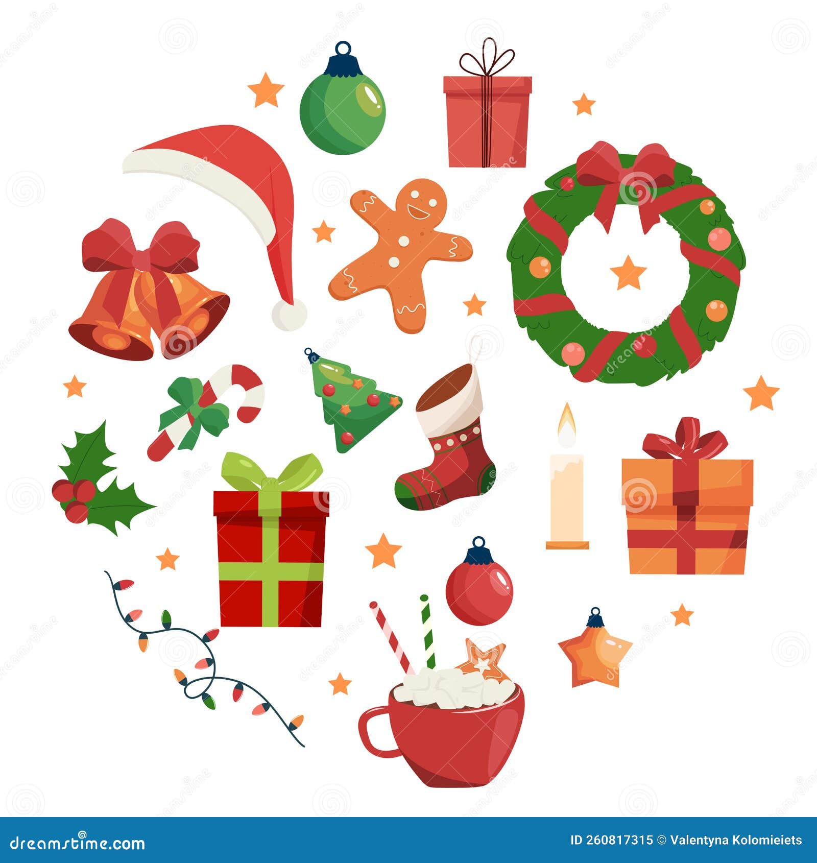 Cartoon Christmas Elements Set. New Year Collection of Vector Elements ...