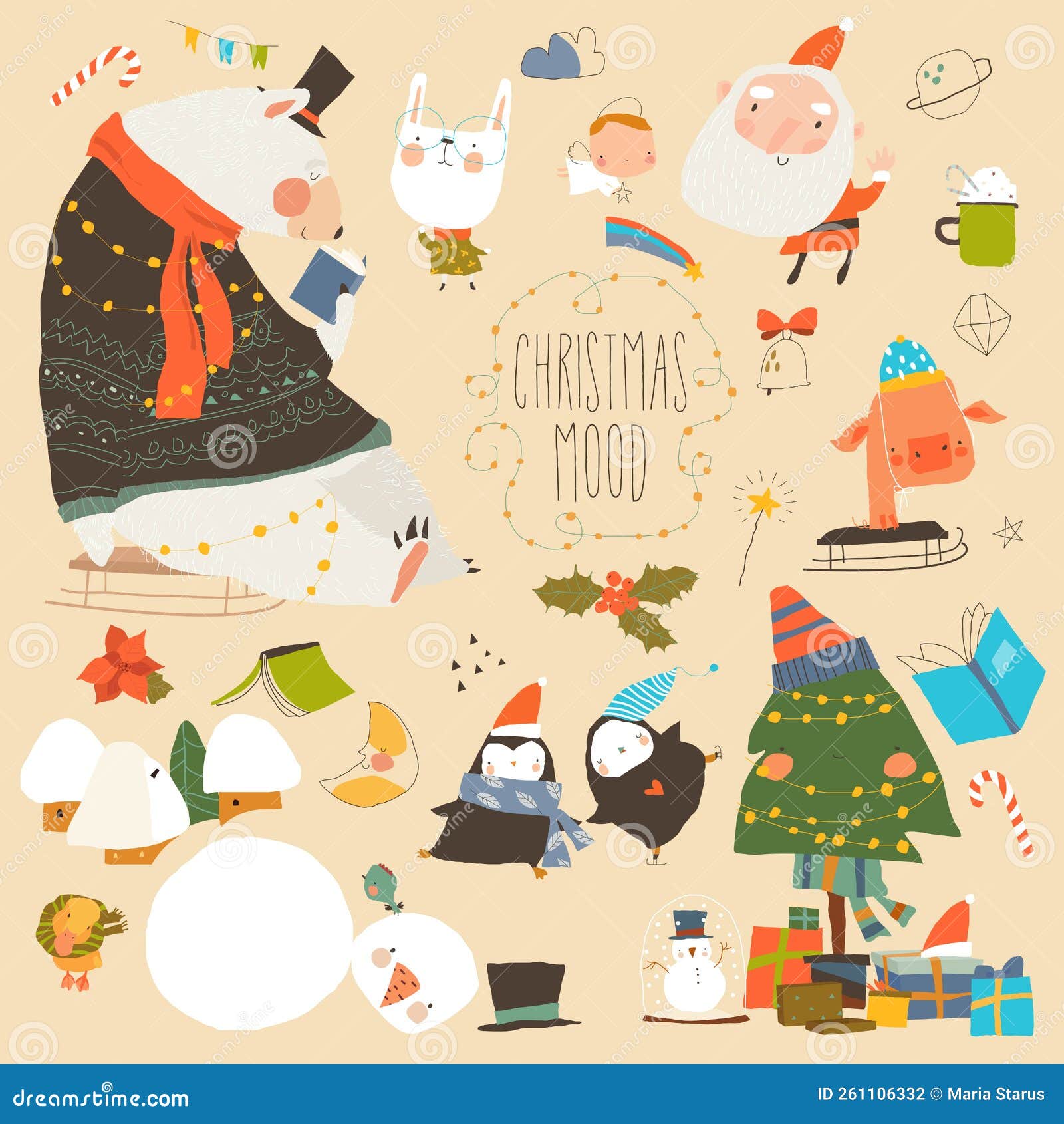 Cartoon Christmas Set with Cute Animals and Holiday Elements Stock ...