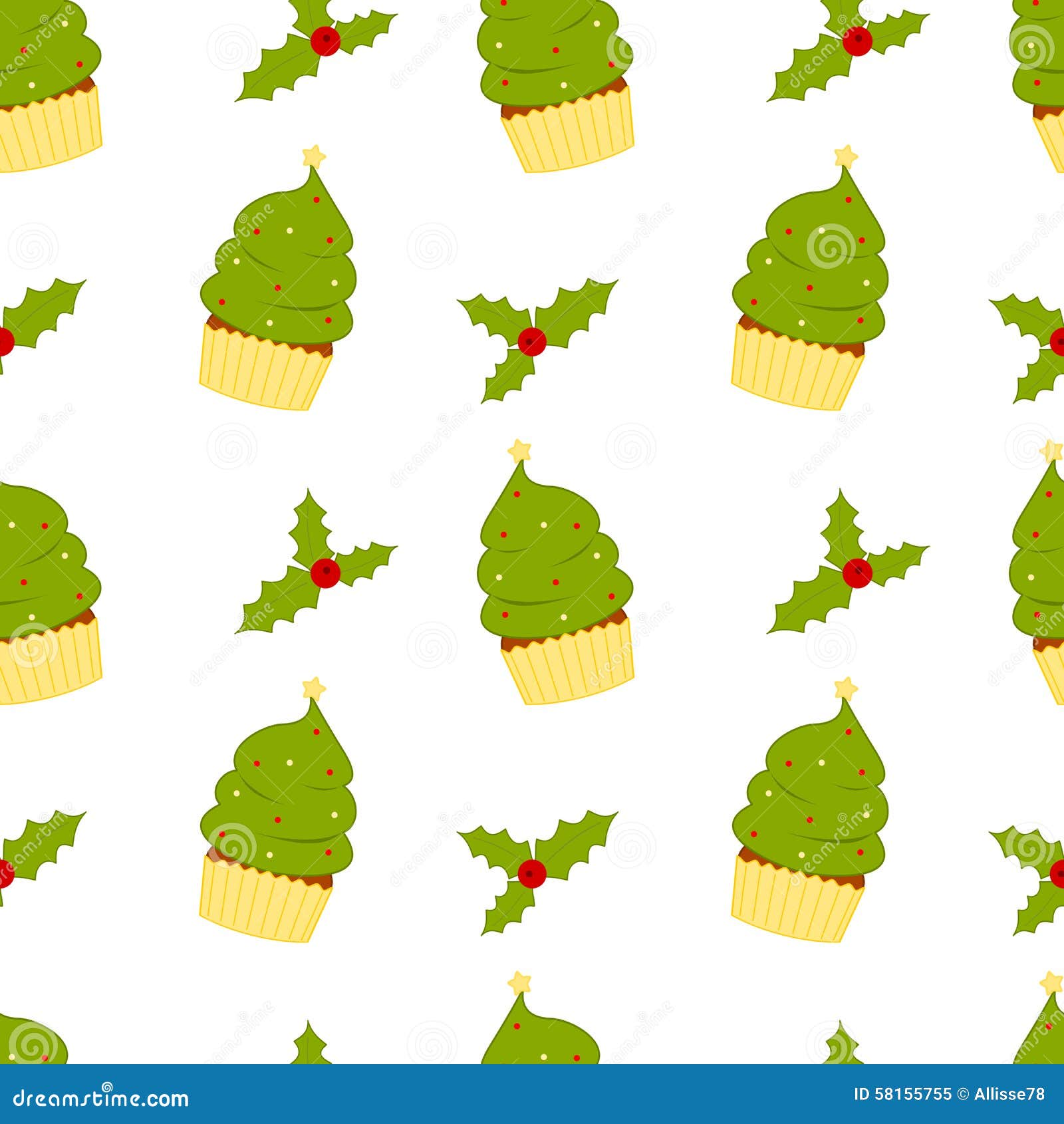 Cartoon Christmas Tree Cupcake with Mistletoe Seamless Pattern ...