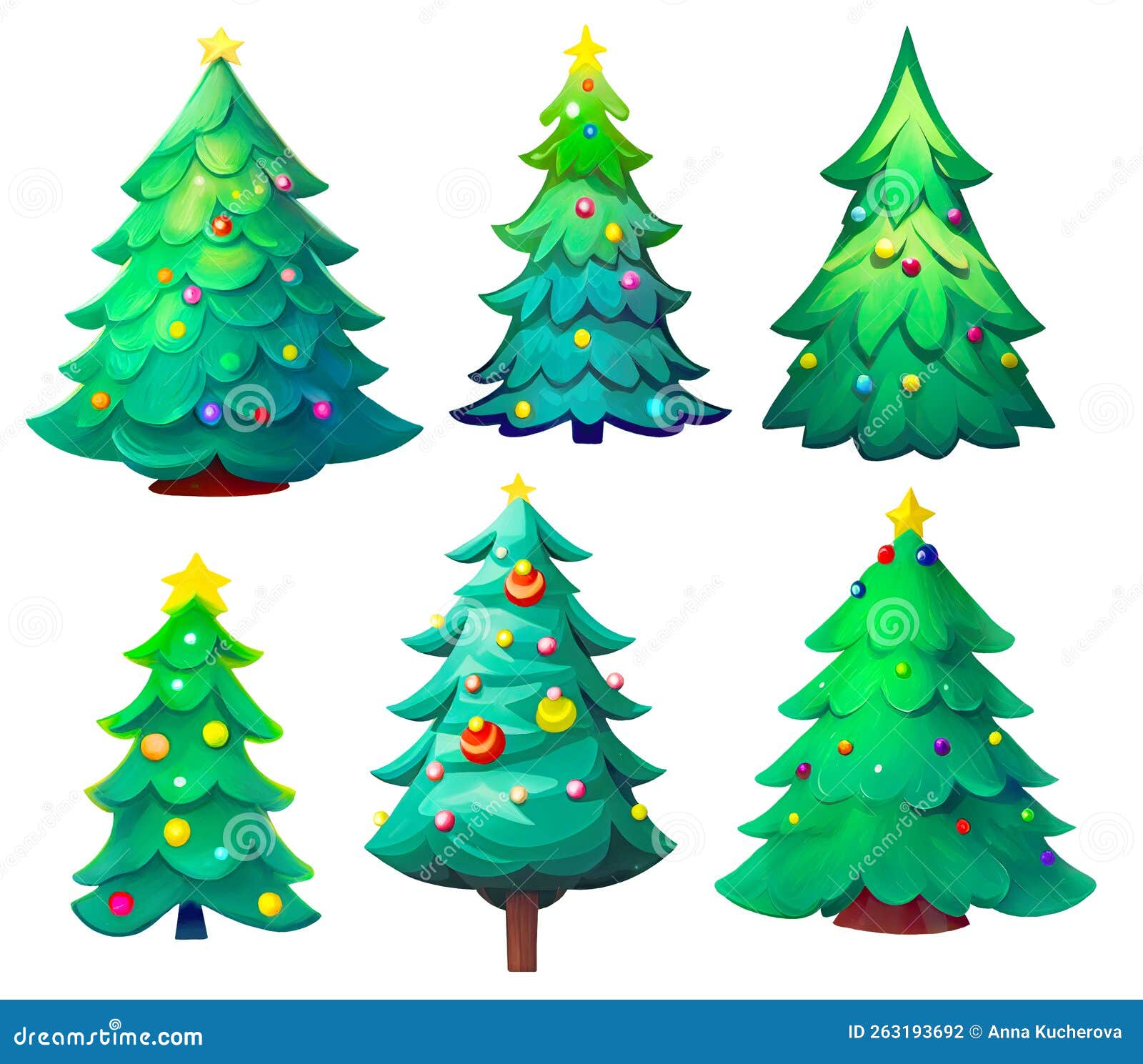 Cartoon Christmas Trees Isolated on White Background. Collection of ...
