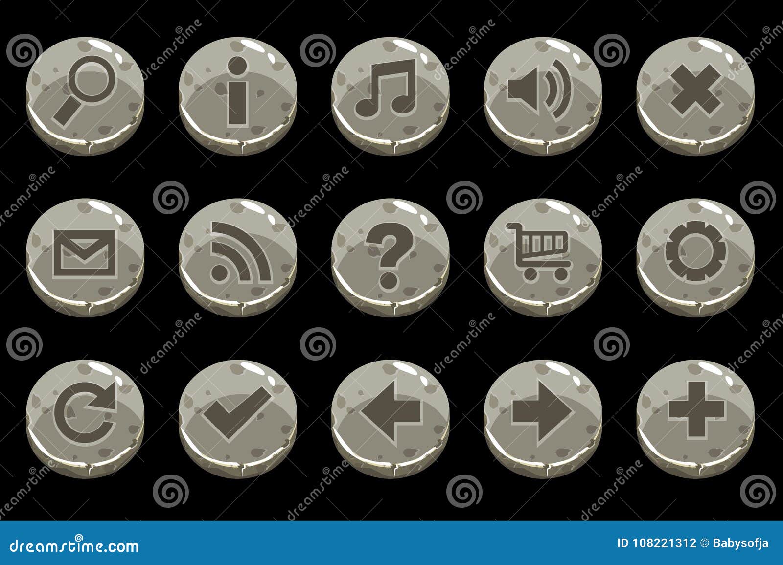 Stone Buttons, Menu Selection Pointers, Setting Interface Elements Comic Cartoon Style Isolated ...