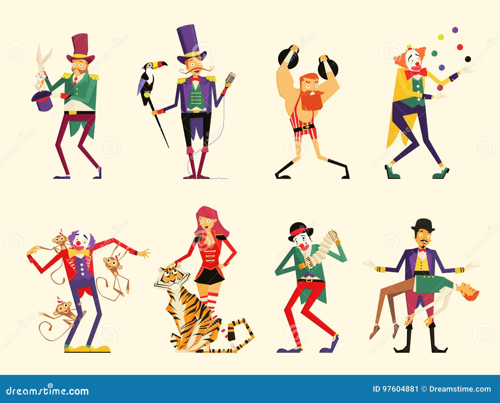 Circus Characters. Juggling Animals, Juggler Artist Clown And Strongman ...