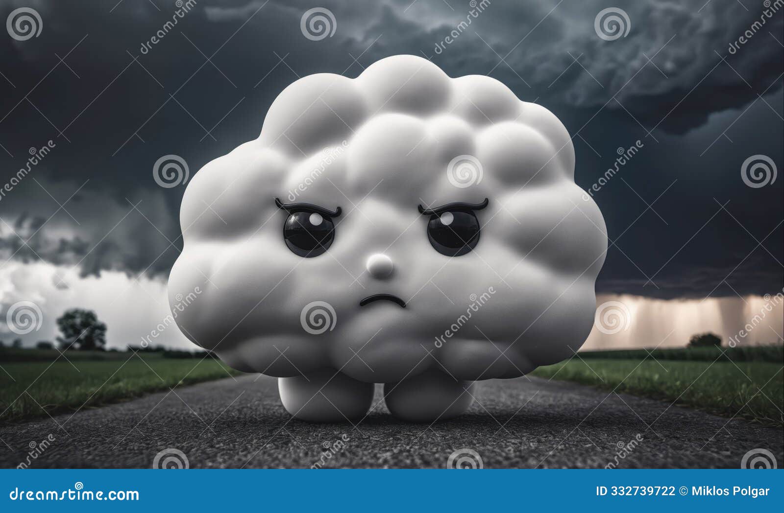 A Cartoon Cloud with a Grumpy Expression Walks Down a Road, with a Dark ...