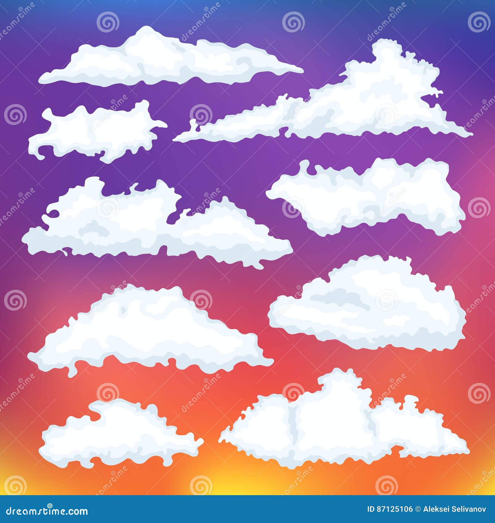 Cartoon Cloud Vector Set. Clouds on a Background of Dawn. Stock Vector ...