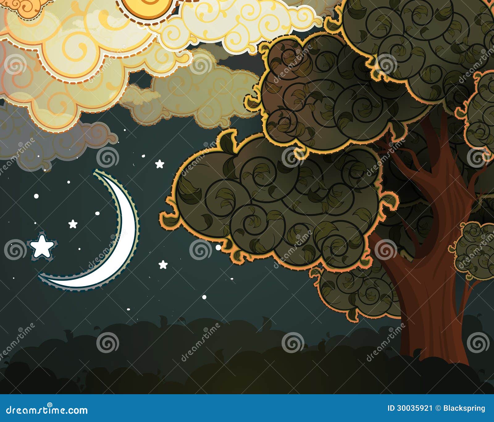 Cartoon night landscape stock vector. Illustration of dark - 30035921