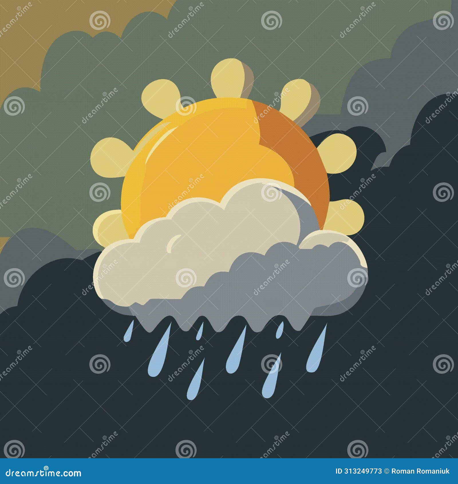 Cartoon Clouds with Rain, Sun Cold Weather in Summer. Illustration ...