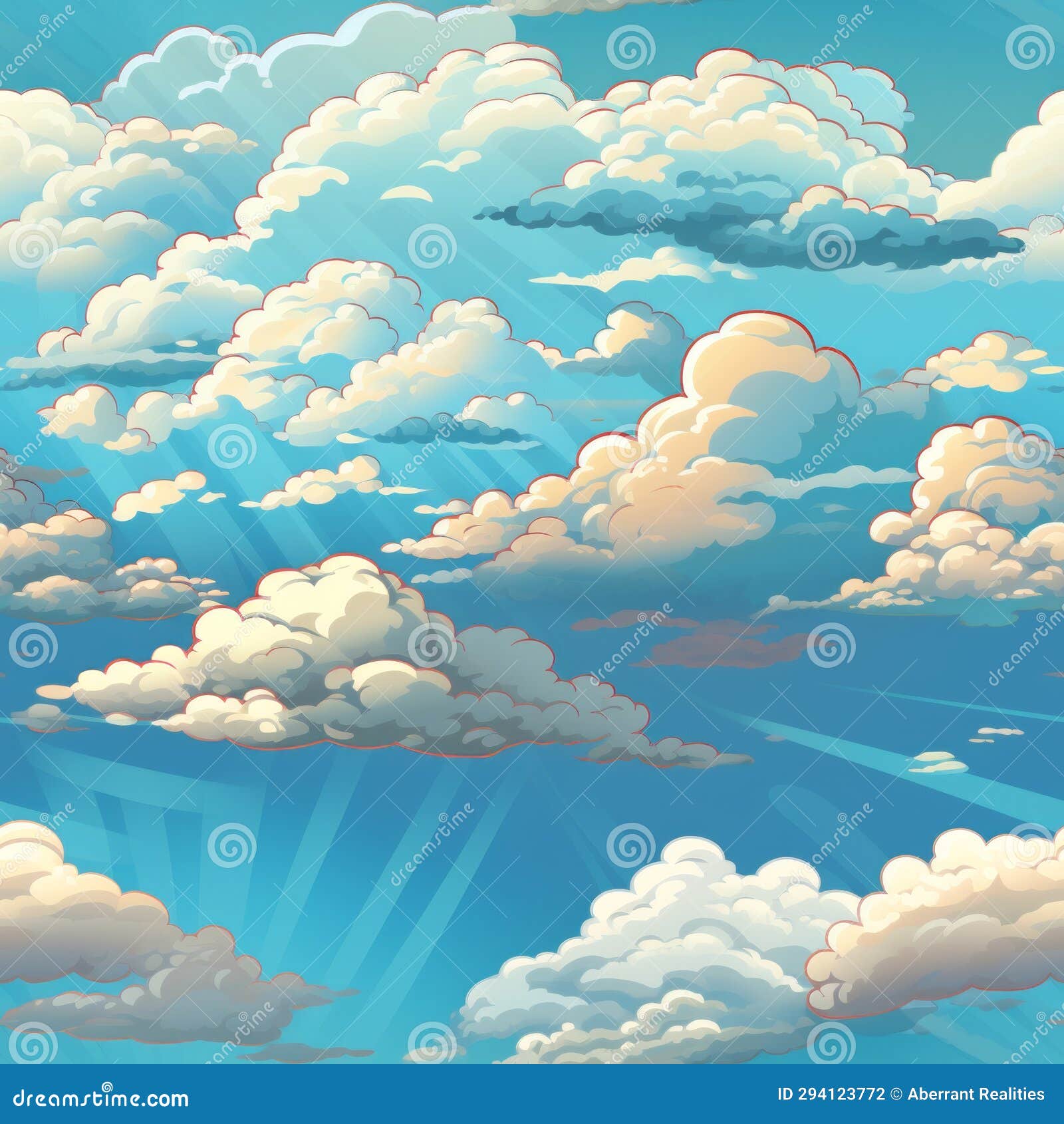 Cartoon Clouds in the Sky with Sun Rays Stock Illustration ...