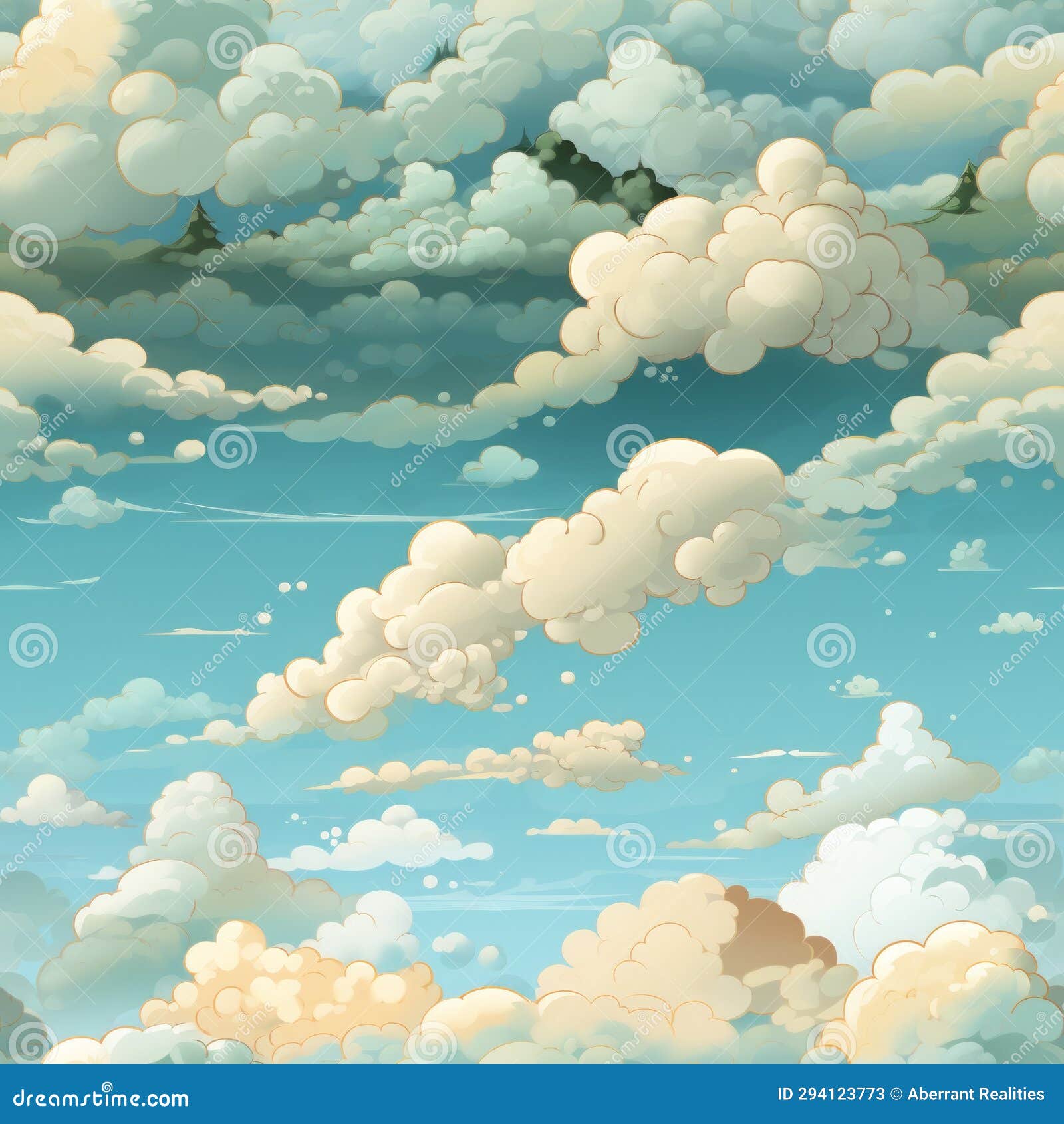 Cartoon Clouds in the Sky with Trees and Mountains in the Background ...