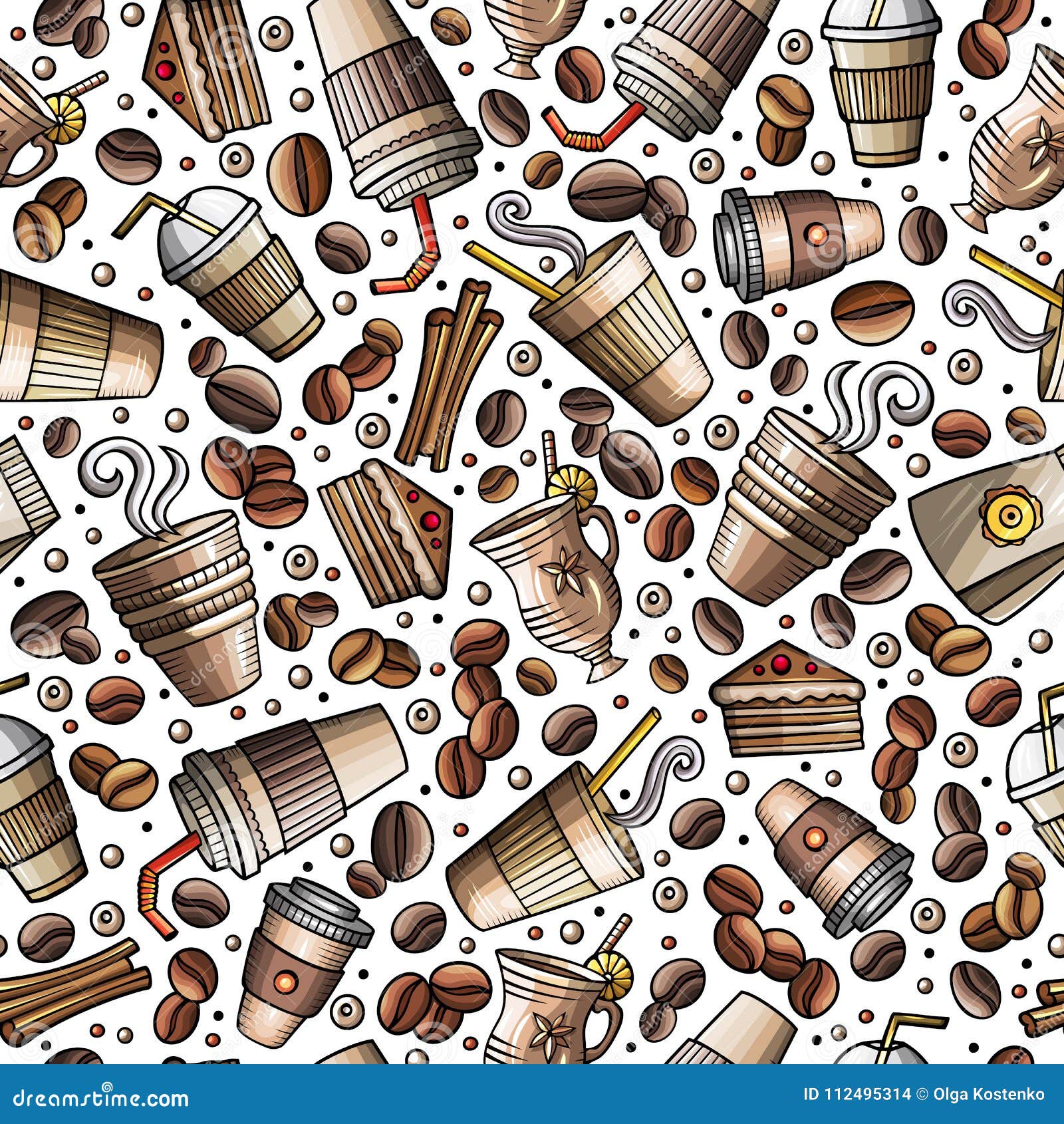 Cartoon Coffee Shop Seamless Pattern Stock Vector - Illustration of ...
