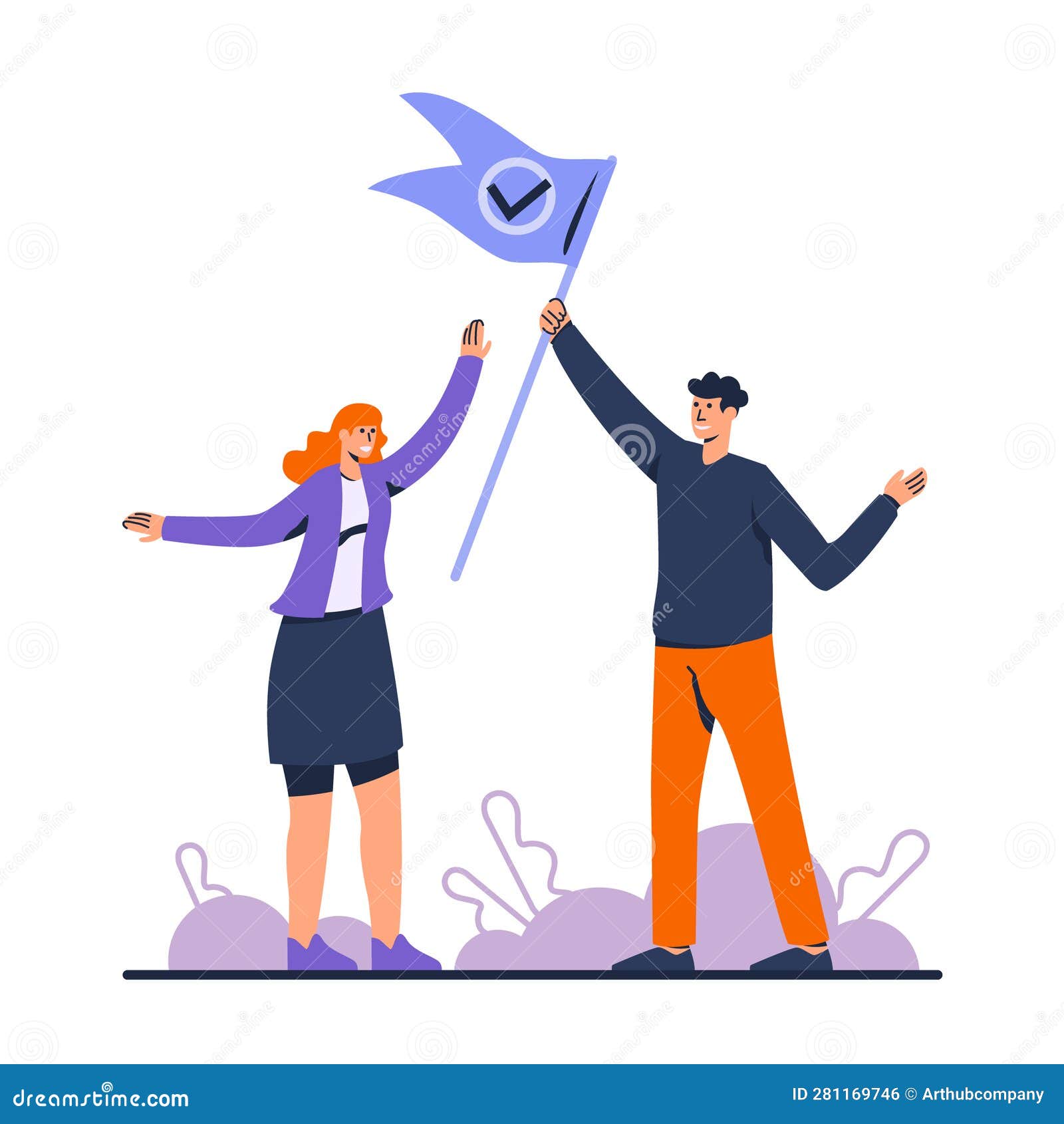 Cartoon Colleagues Raise Flag with Successful Completion of Their Work ...