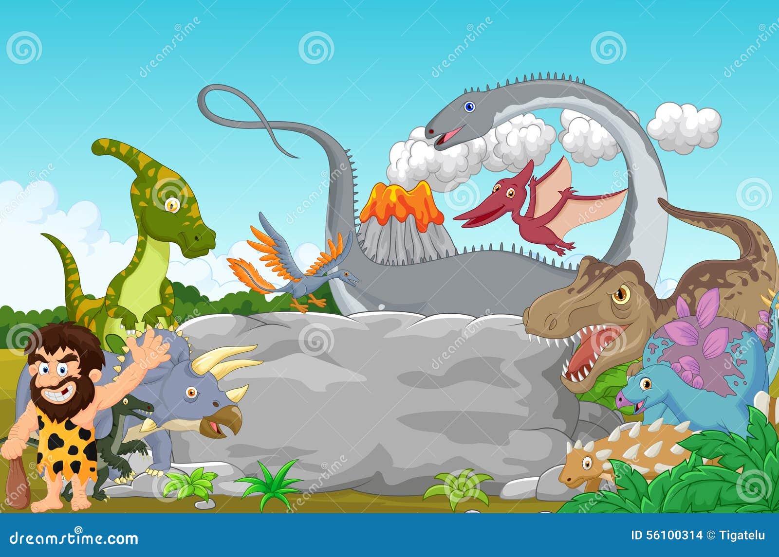 Cartoon Collection Dinosaur with Caveman Waving Stock Vector ...