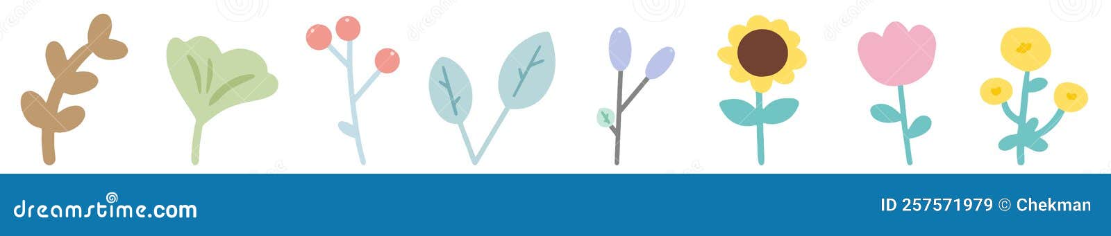 Cartoon Collection of Plants. Cute Branches and Flowers Stock ...
