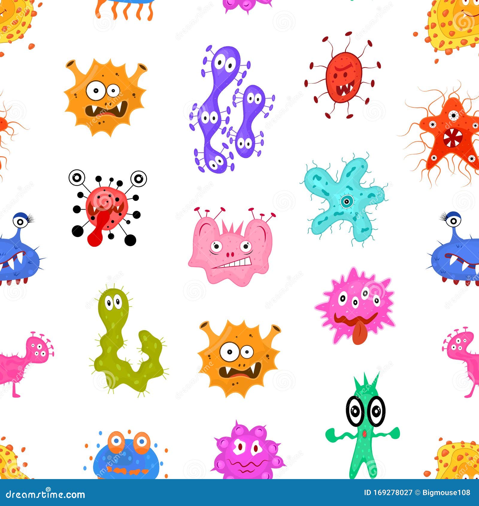 Cartoon Color Characters Bacteria Seamless Pattern Background. Vector ...