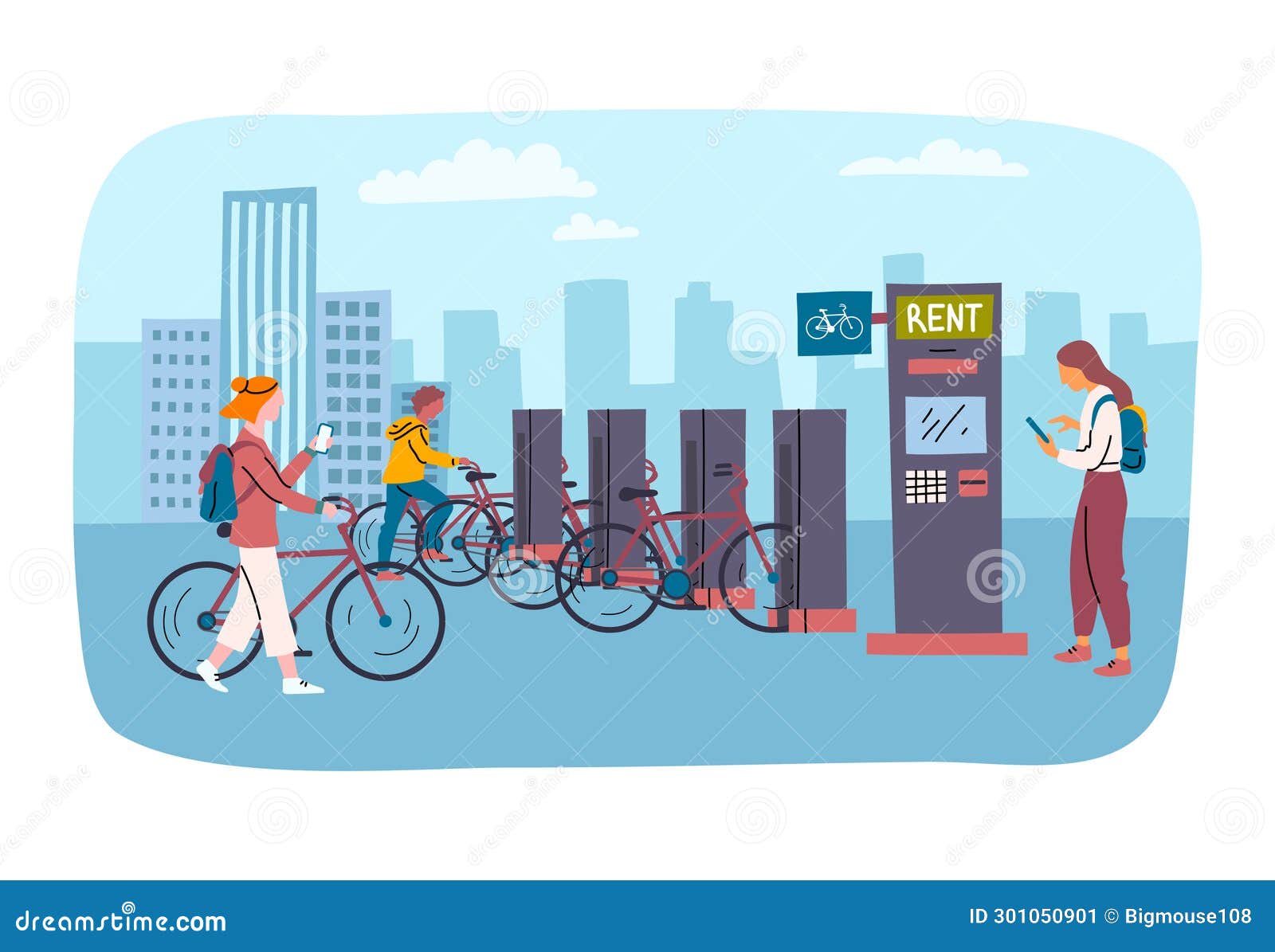 Cartoon Color Characters People and Rental Bikes Store Area Concept ... Cartoon Color Characters People and Rental Bikes Store Area Concept ...