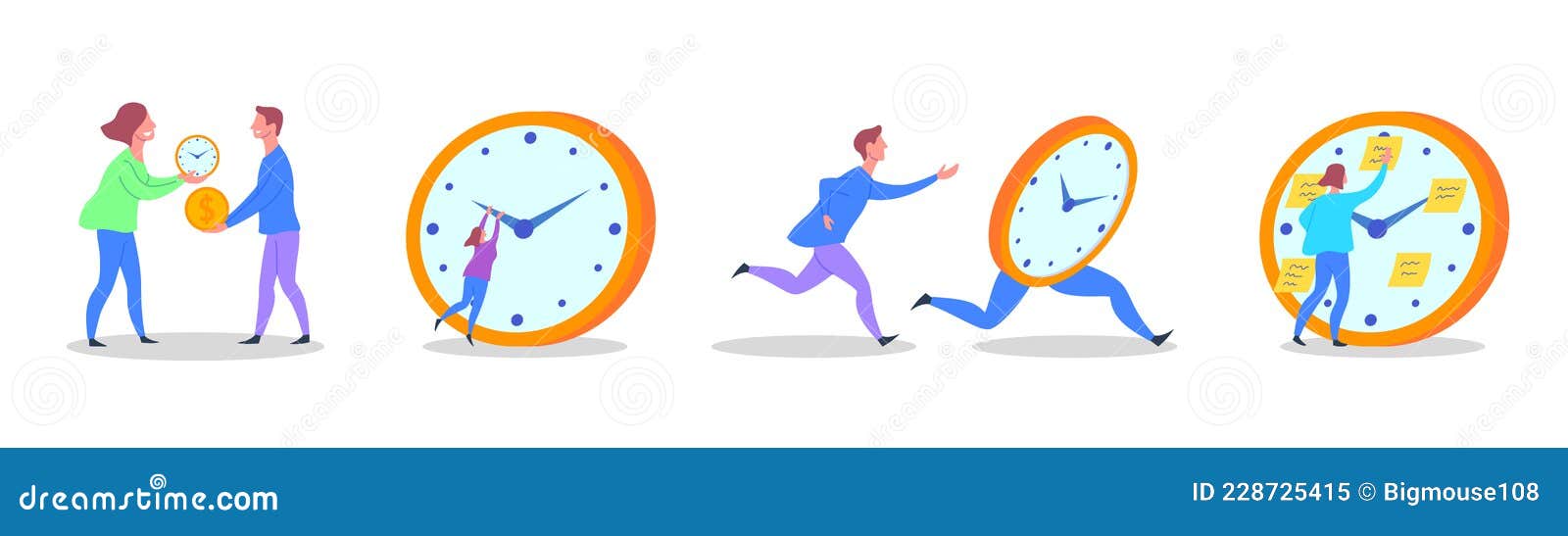 Cartoon Color Characters People and Time Interaction Concept. Vector ...