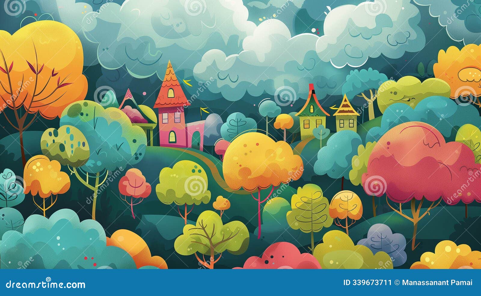 Cartoon Color Cute Tree and House with Cloud Stock Illustration ...