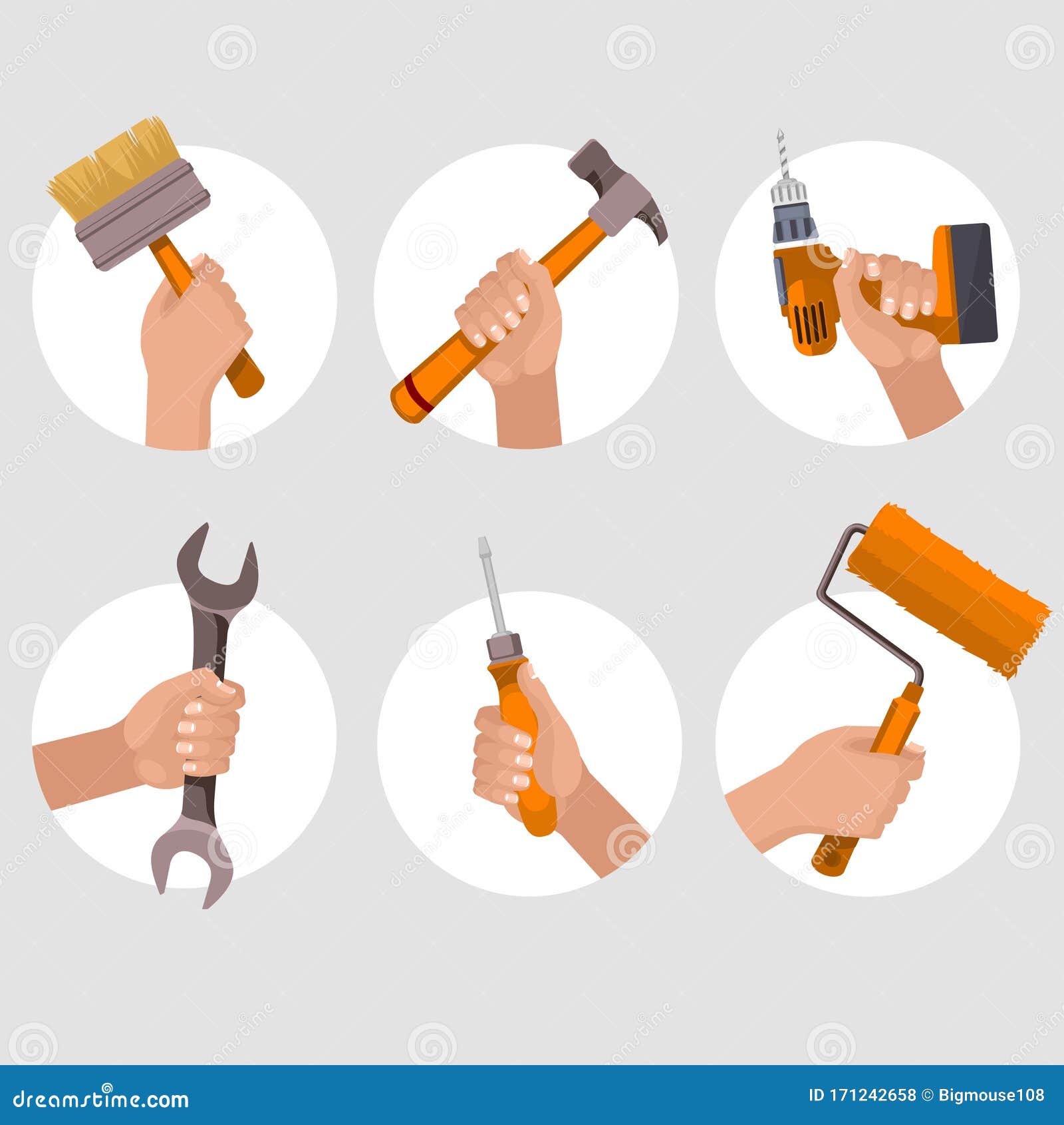 Cartoon Color Different Hands Holding Construction Tools Set. Vector ...
