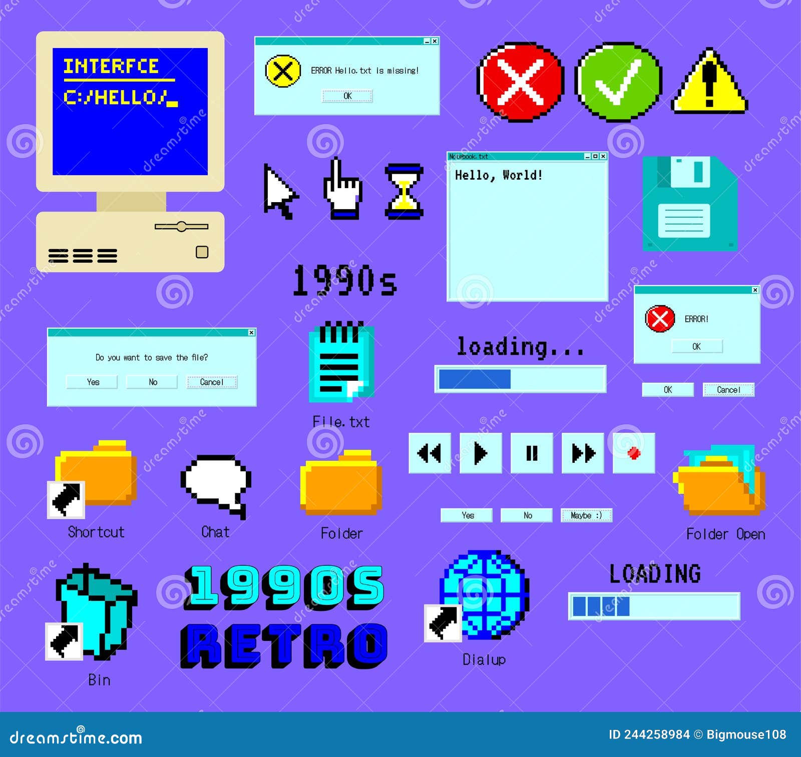 Cartoon Color Nineties Retro Computer Sticker Old Interface Set. Vector ...